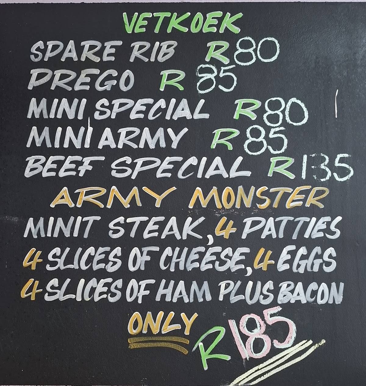 Menu at Vetkoek Paleis restaurant, Roodepoort, 37A Anstruther St