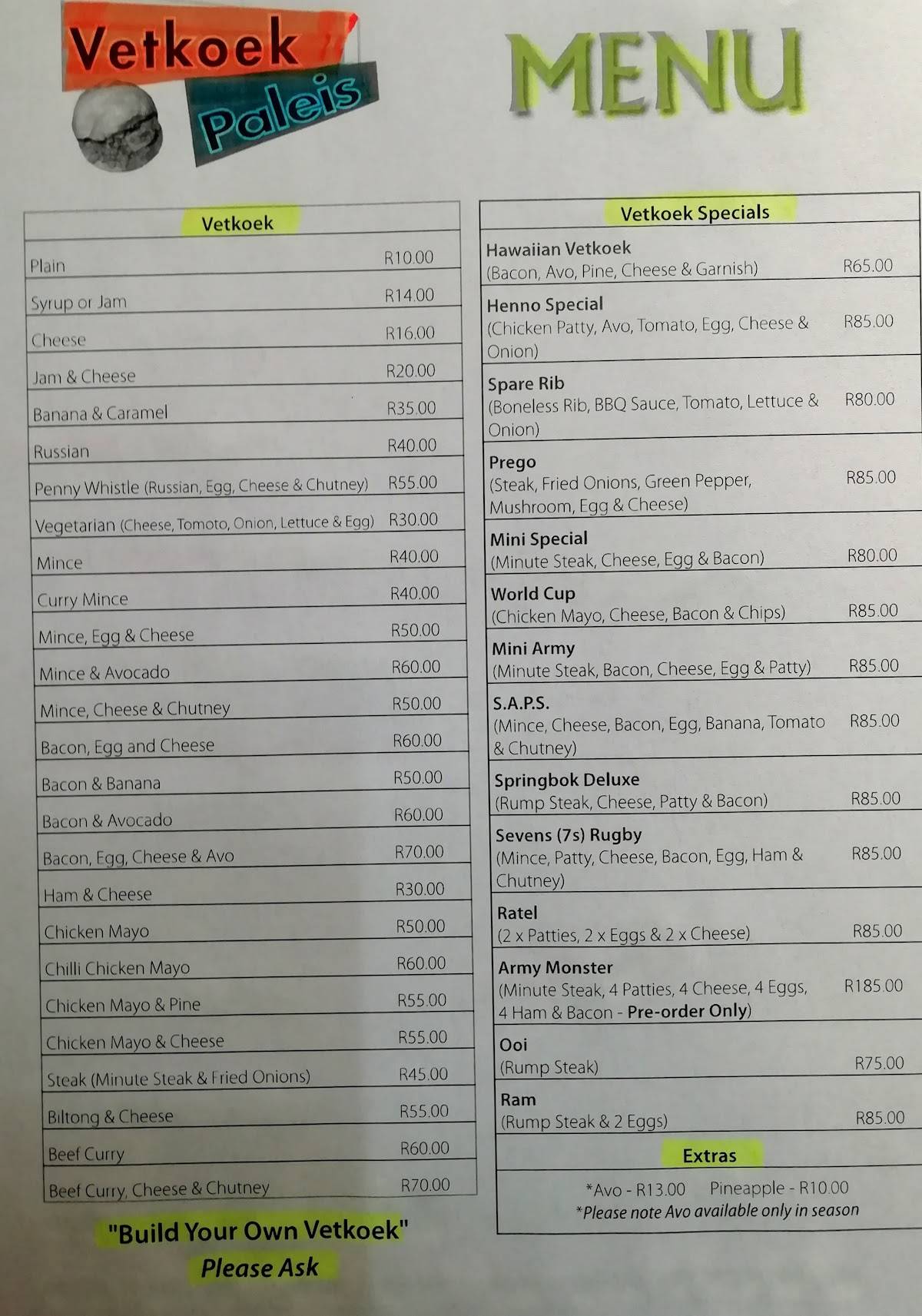Menu at Vetkoek Paleis restaurant, Roodepoort, 37A Anstruther St