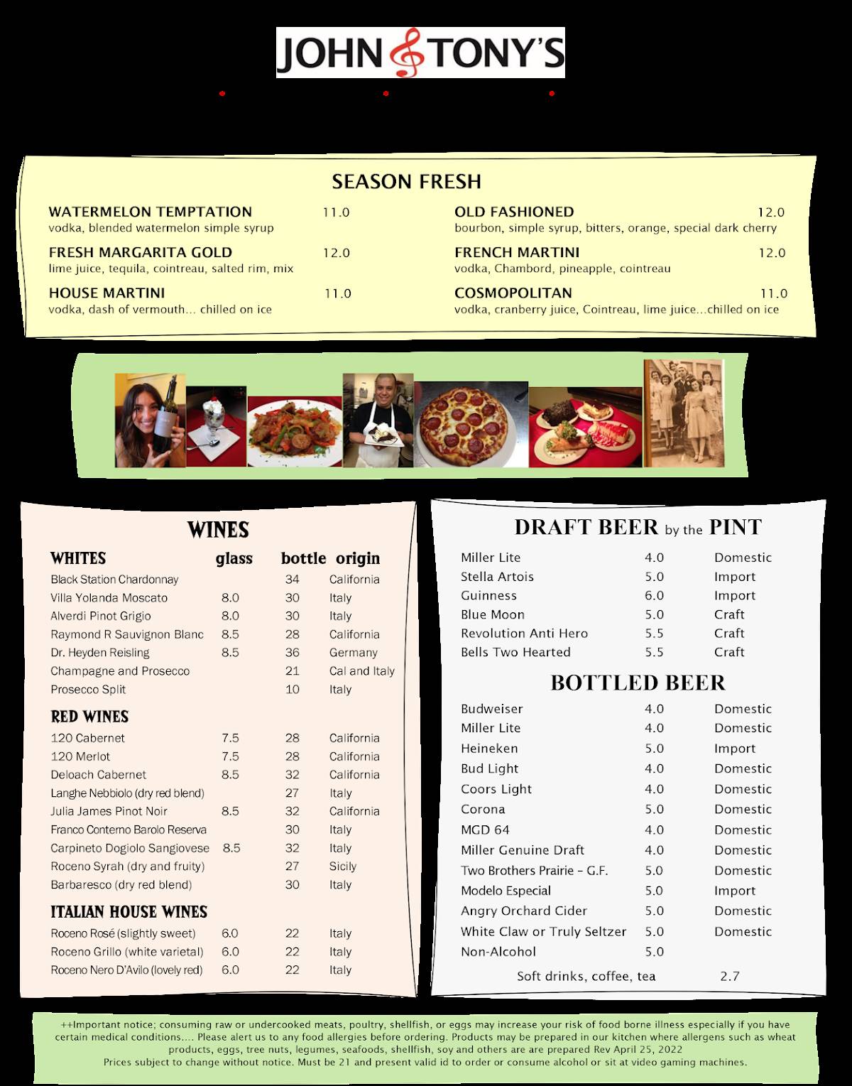Menu at John & Tony's pub & bar, West Chicago