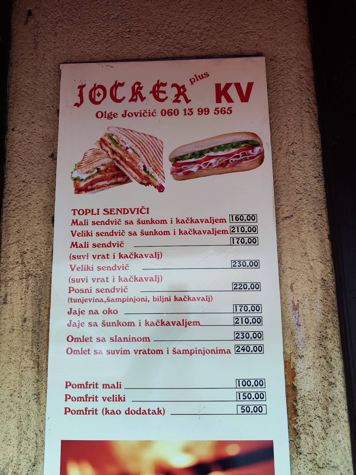 Menu at Joker plus KV pizzeria, Kraljevo