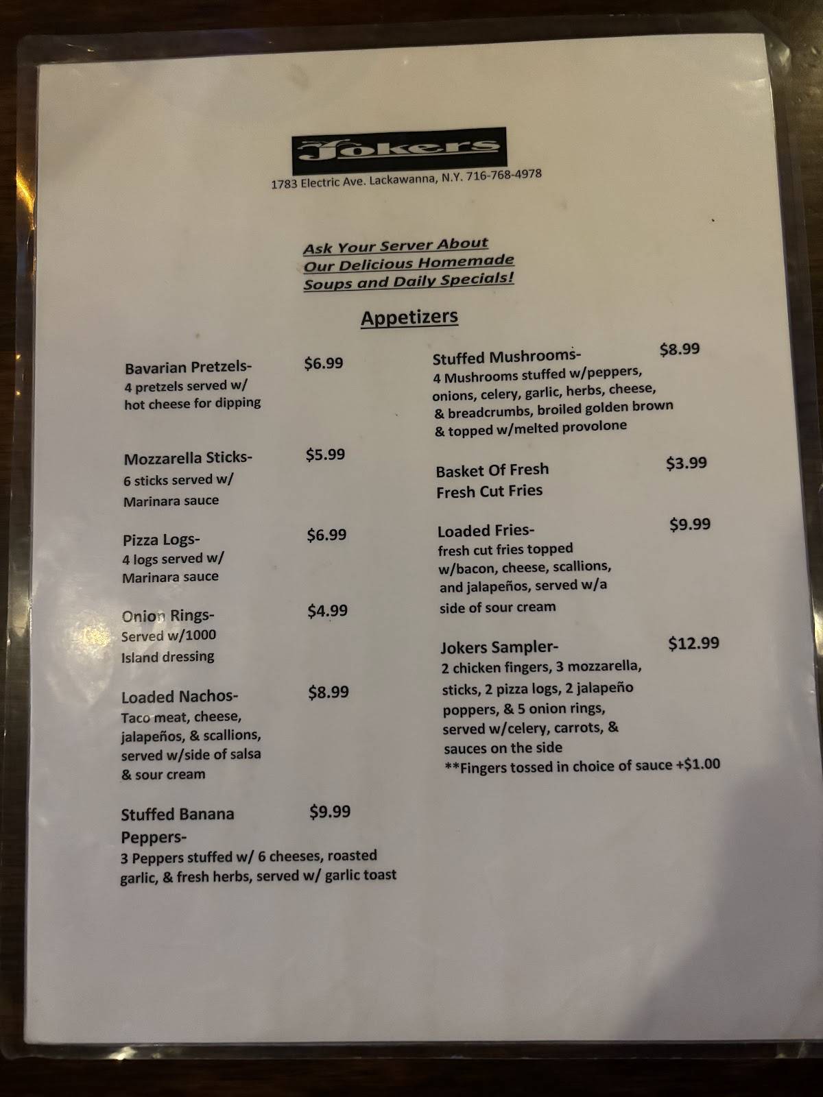 Menu at Jokers Bar, Lackawanna