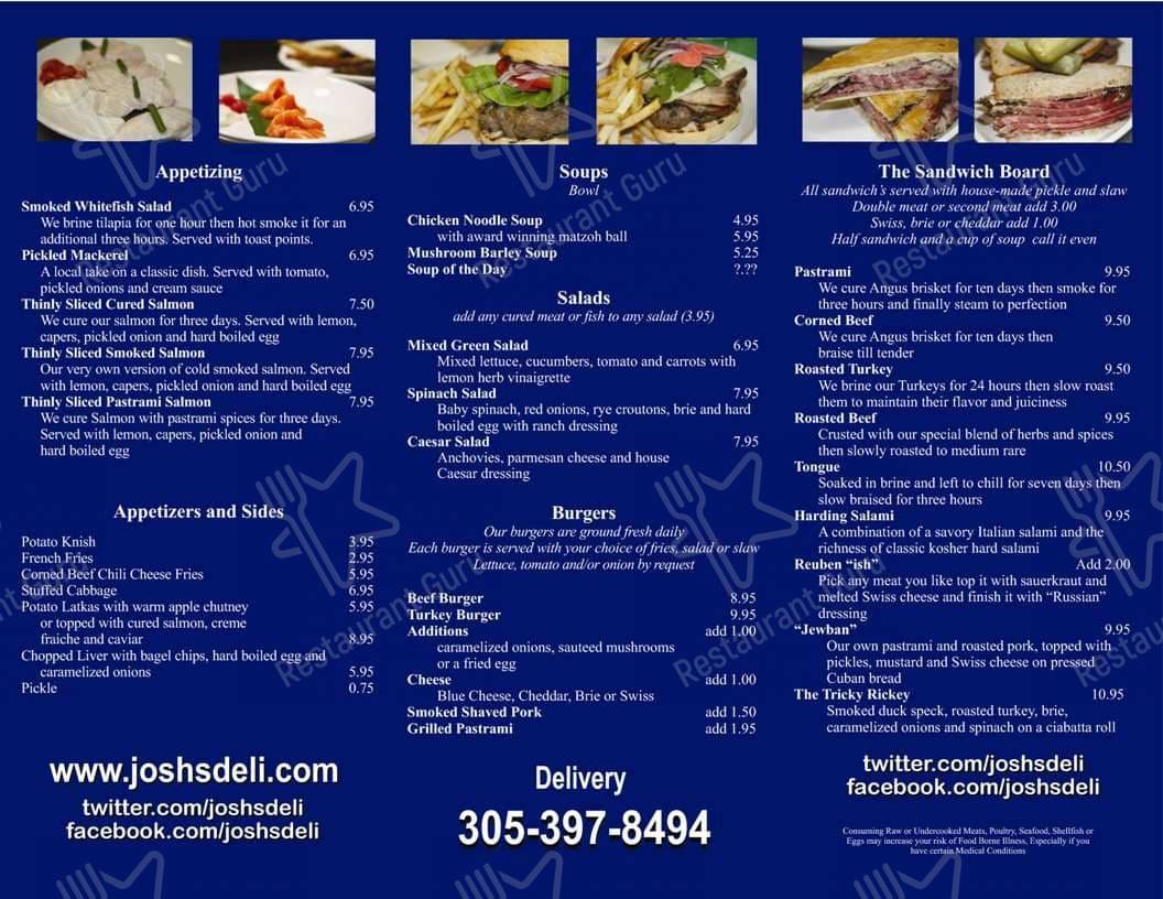Menu at Josh's Deli restaurant, Surfside