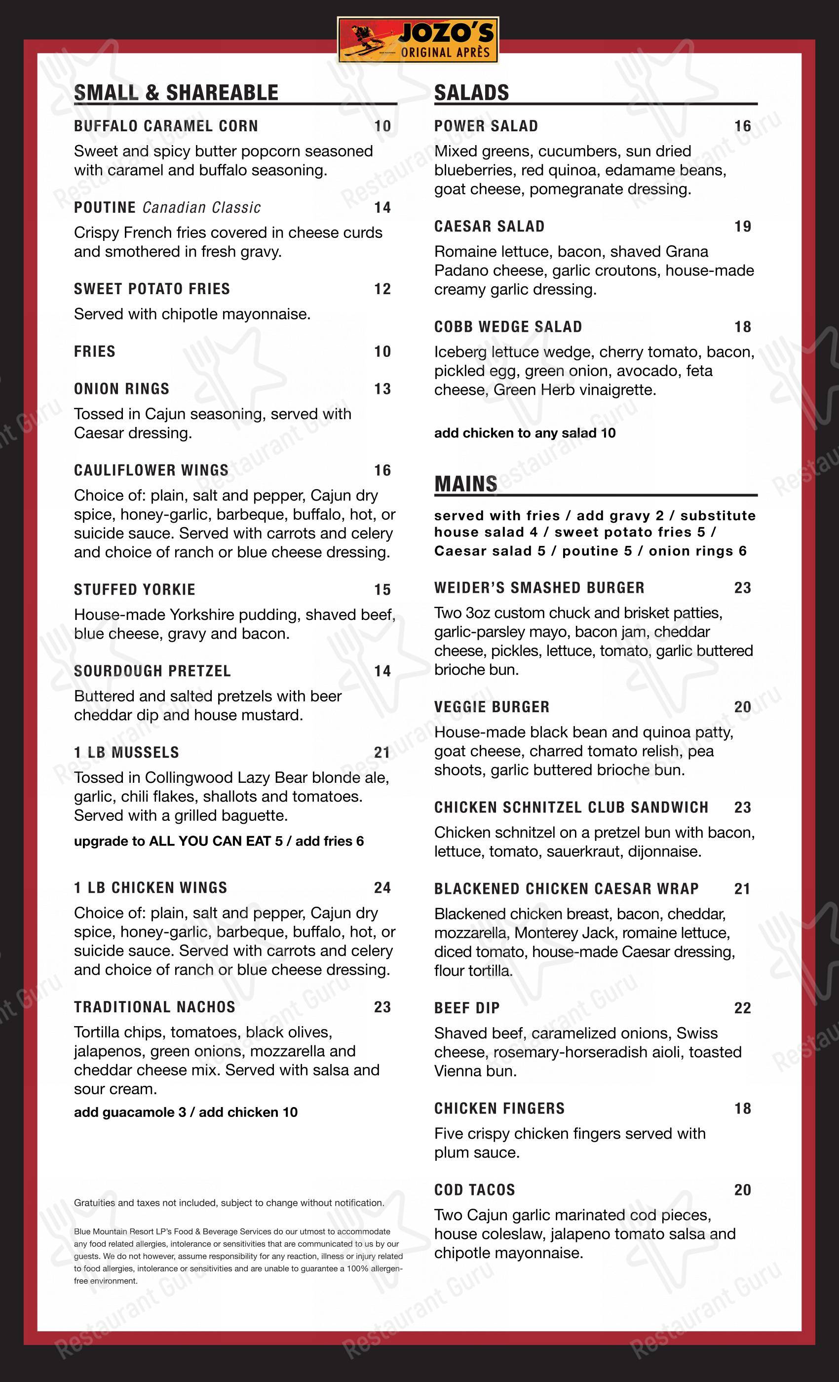 Menu at Jozo's Bar, The Blue Mountains