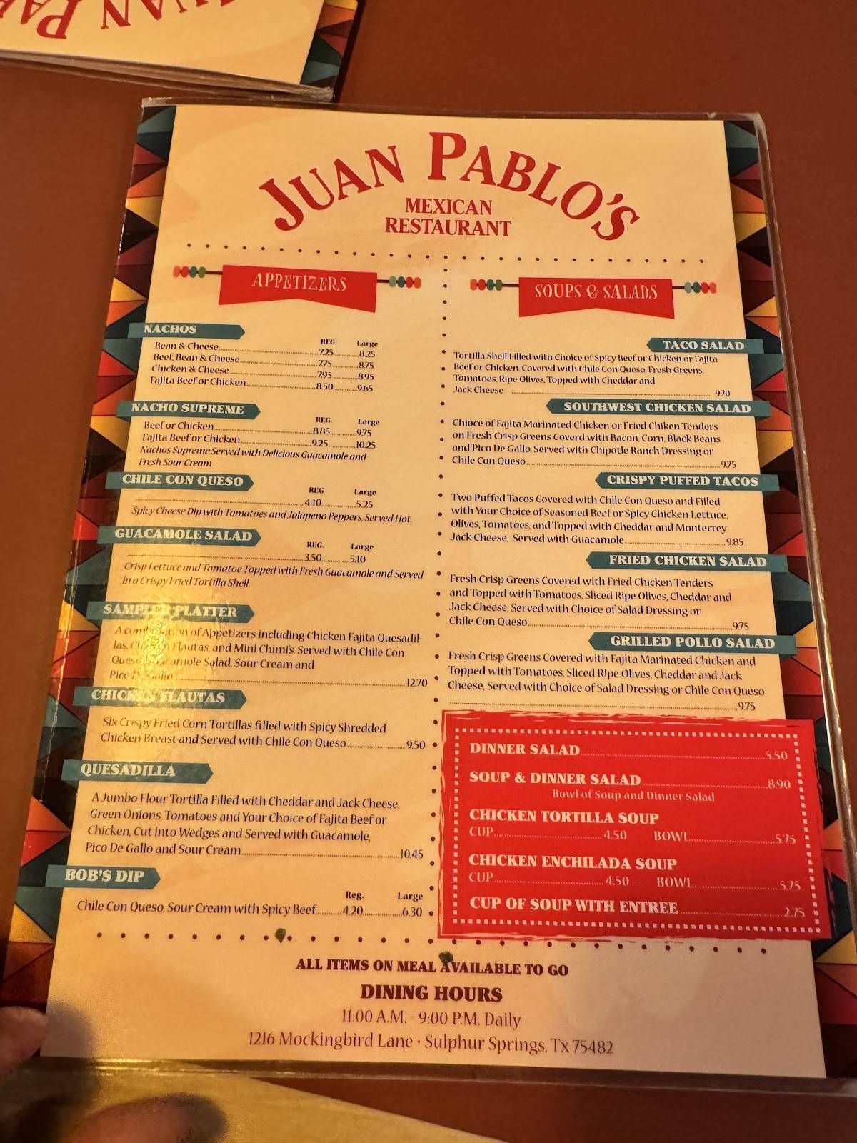 Menu at Juan Pablos restaurant, Sulphur Springs