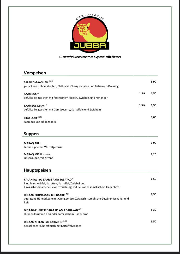 Menu at Jubba restaurant & cafe, Vienna