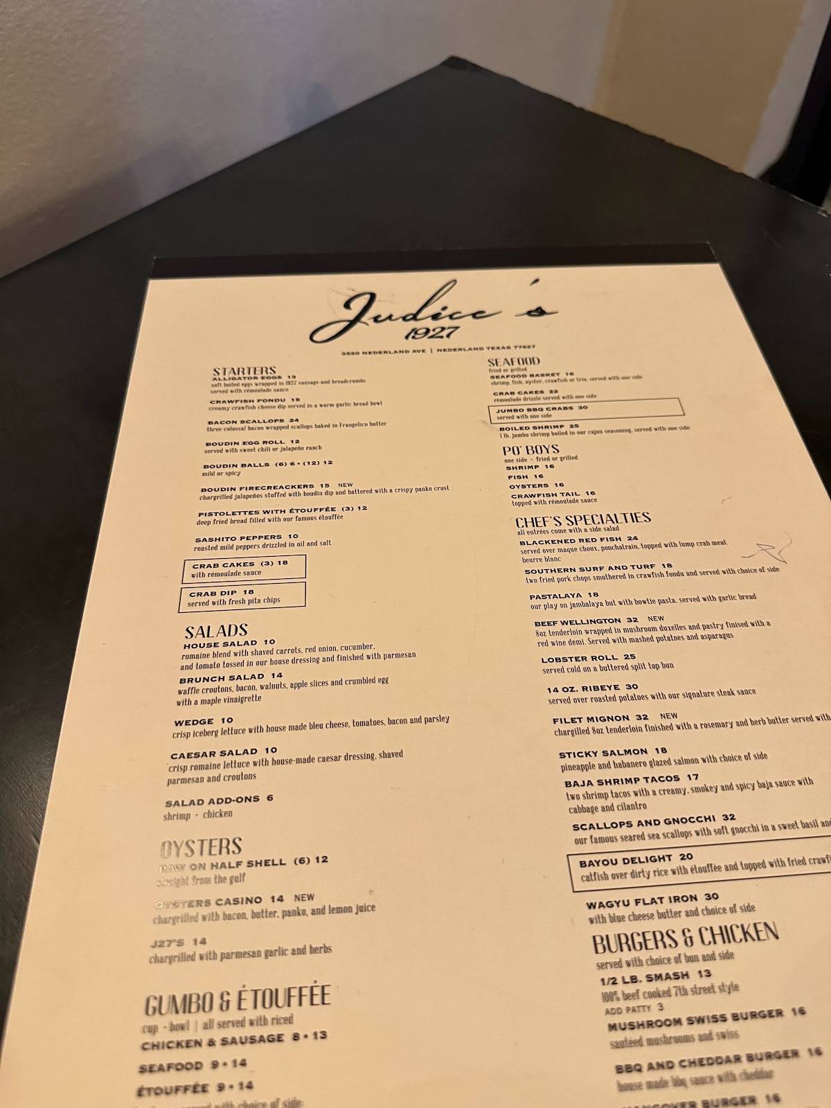Menu at Judices 1927 pub & bar, Nederland