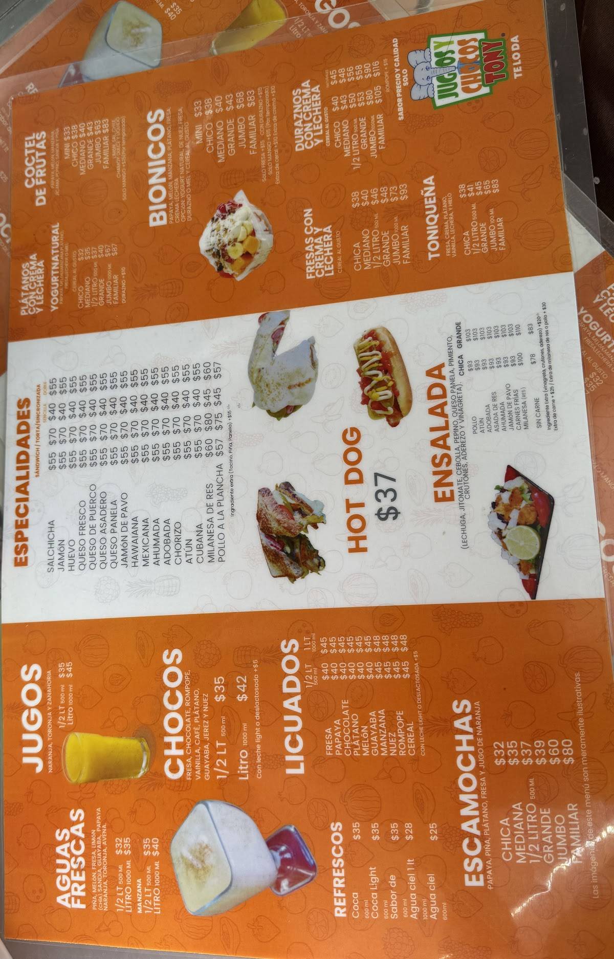 Carta del pub y bar Jugos y Chocos Tony, Aguascalientes, Profesor ...