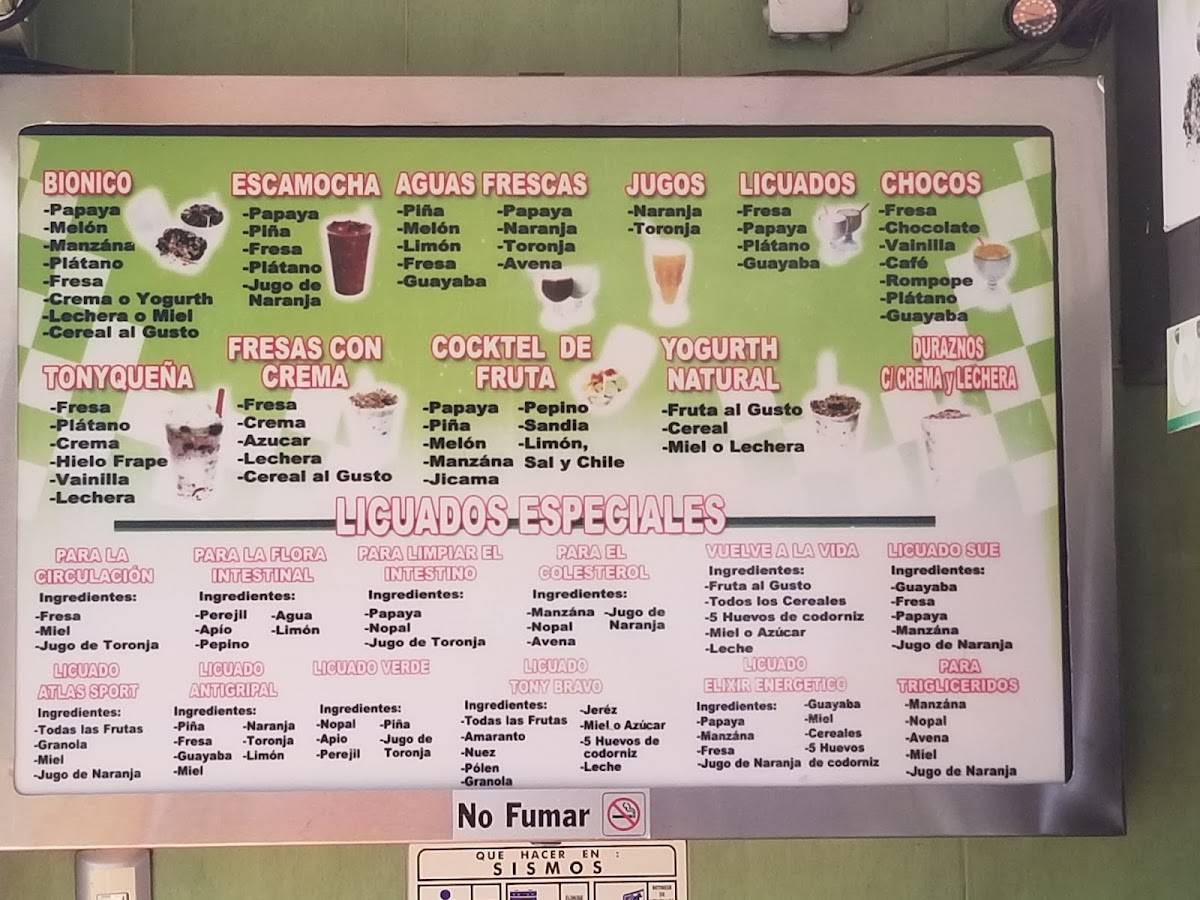 Carta del pub y bar Jugos y Chocos Tony, Aguascalientes, Profesor ...