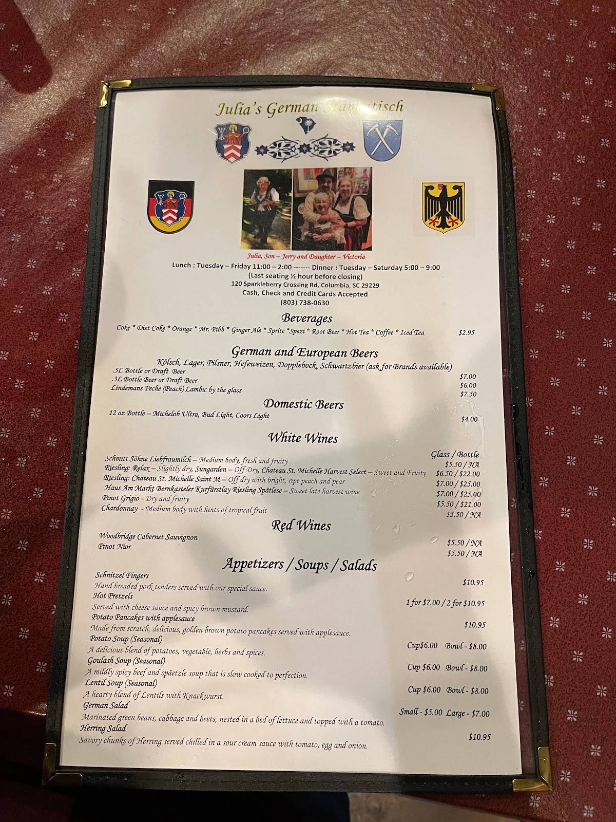 Menu at Julia's German Stammtisch restaurant, Columbia, 120 ...