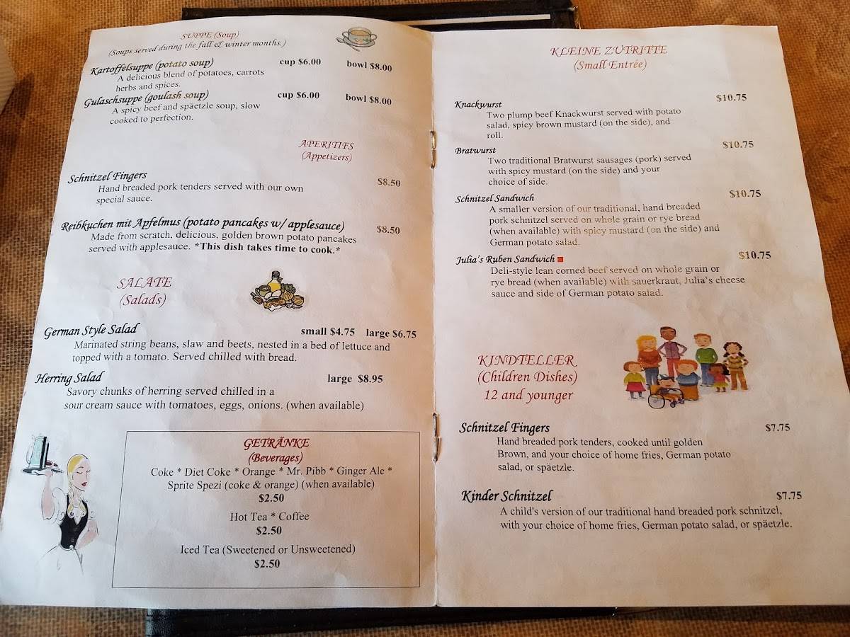 Menu at Julia's German Stammtisch restaurant, Columbia, 120 ...