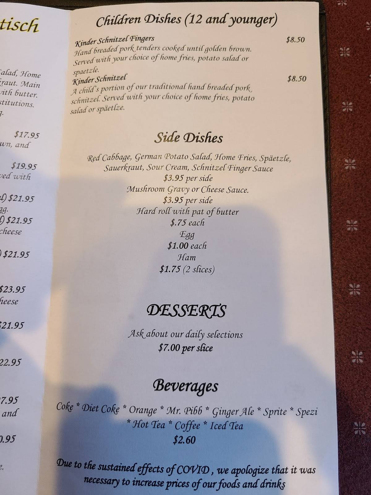 Menu at Julia's German Stammtisch restaurant, Columbia, 120 ...