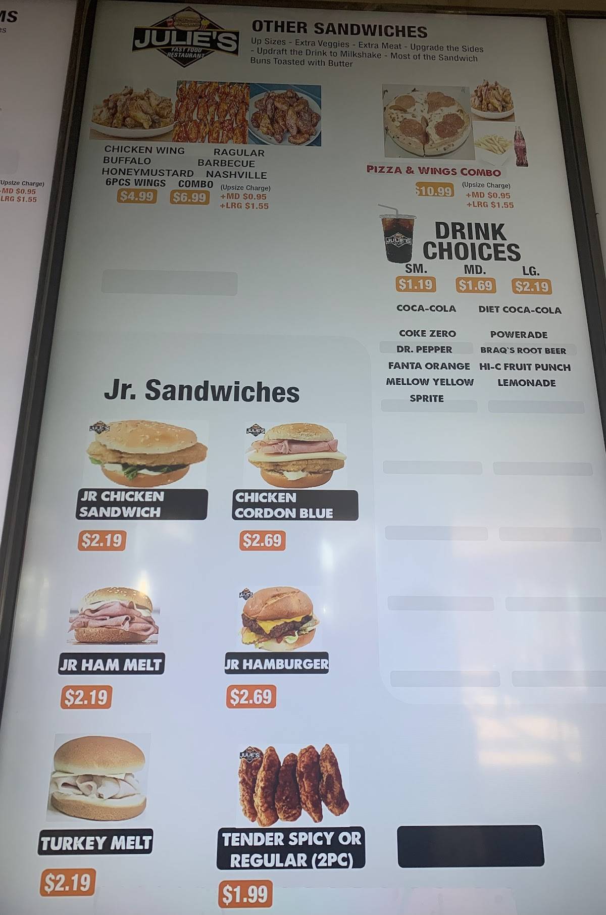 Menu at Julie’s Fast Foods, Sinking Spring