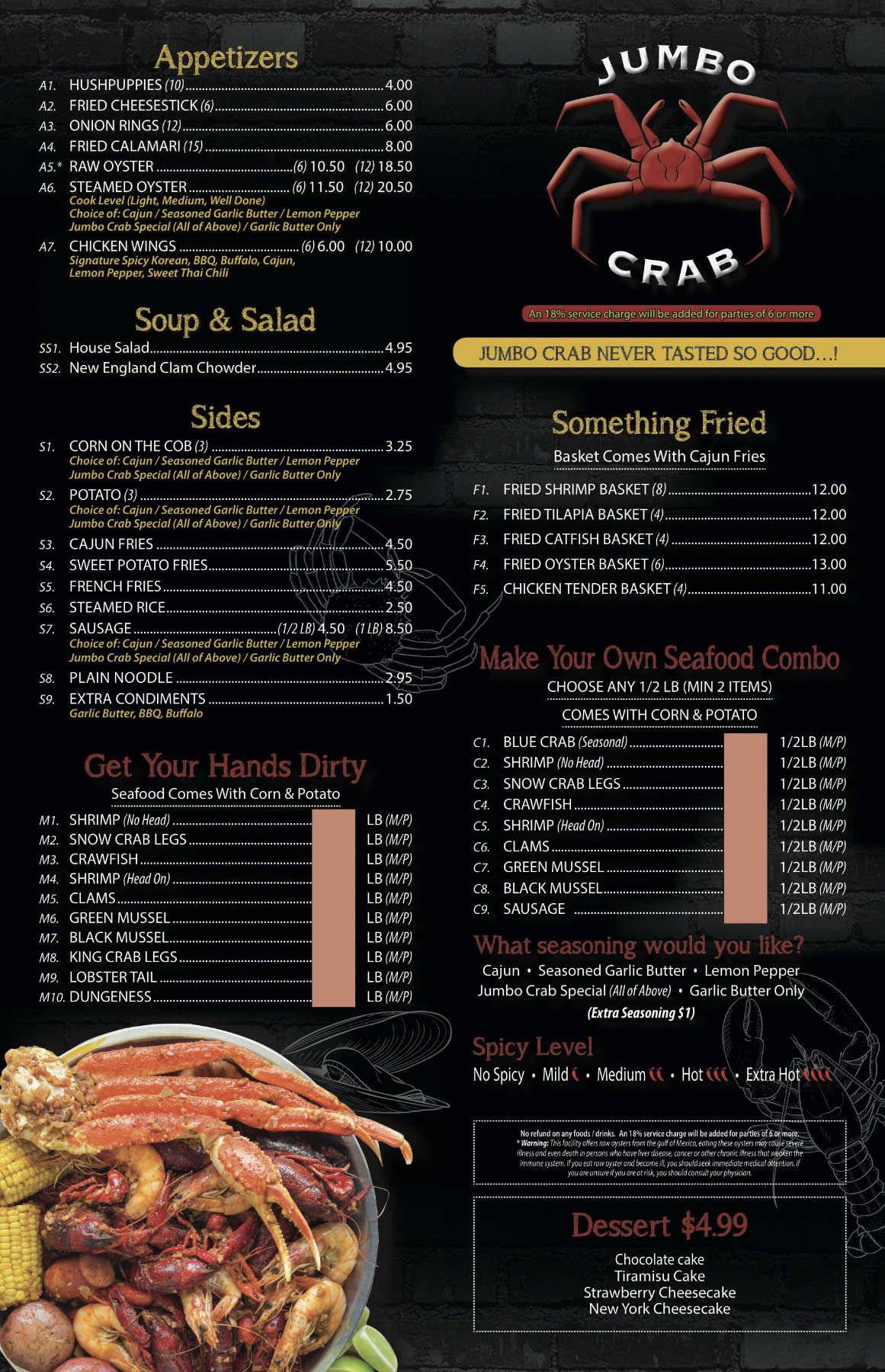 Menu at Jumbo Crab pub & bar, Chicago
