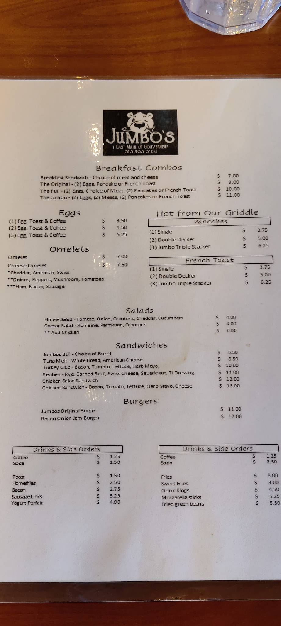 Menu at Jumbo's Diner desserts, Gouverneur, 1 E Main St