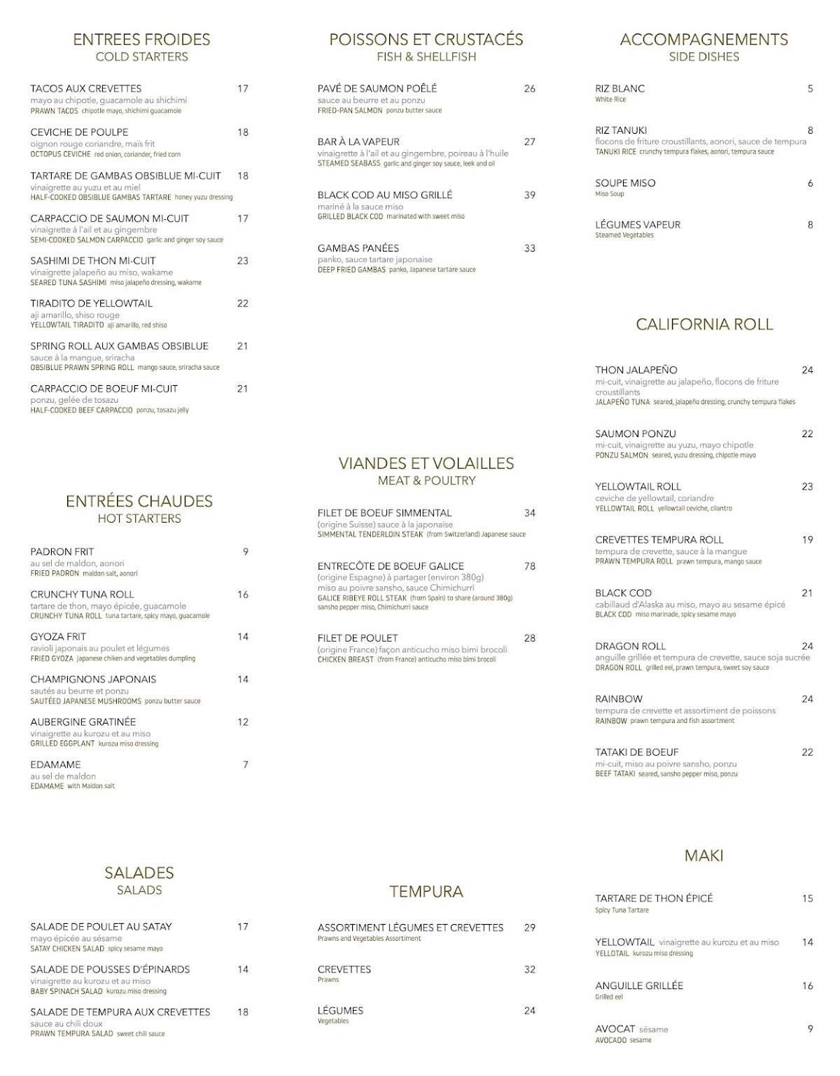 Menu at Jun restaurant, Paris