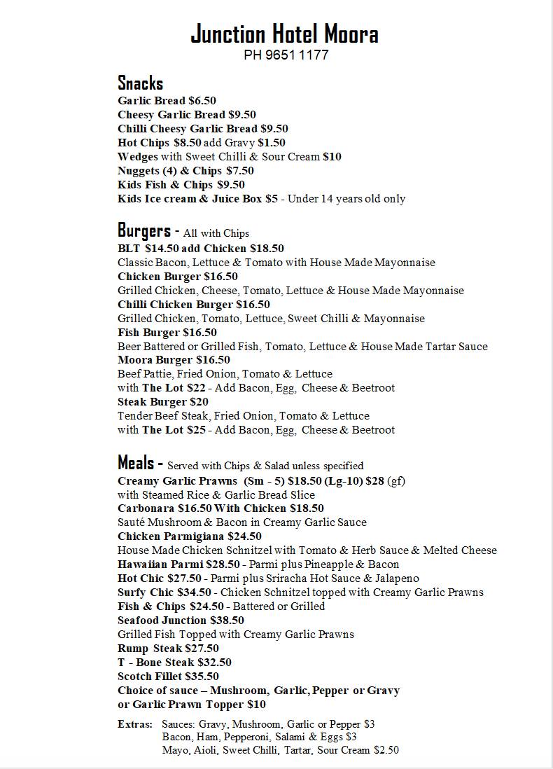 Menu at Junction Pub Hotel Moora, Moora