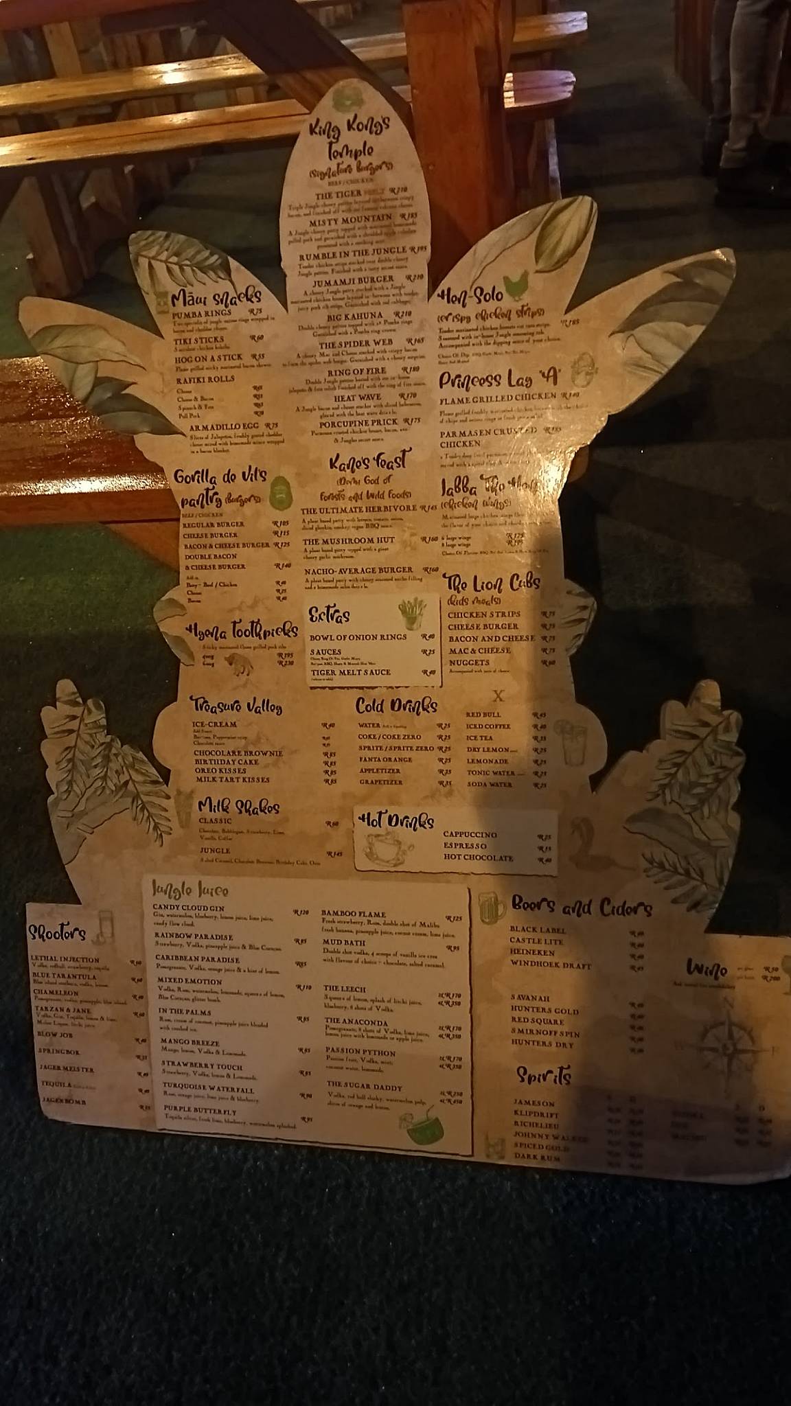 Menu at Jungle restaurant, Johannesburg