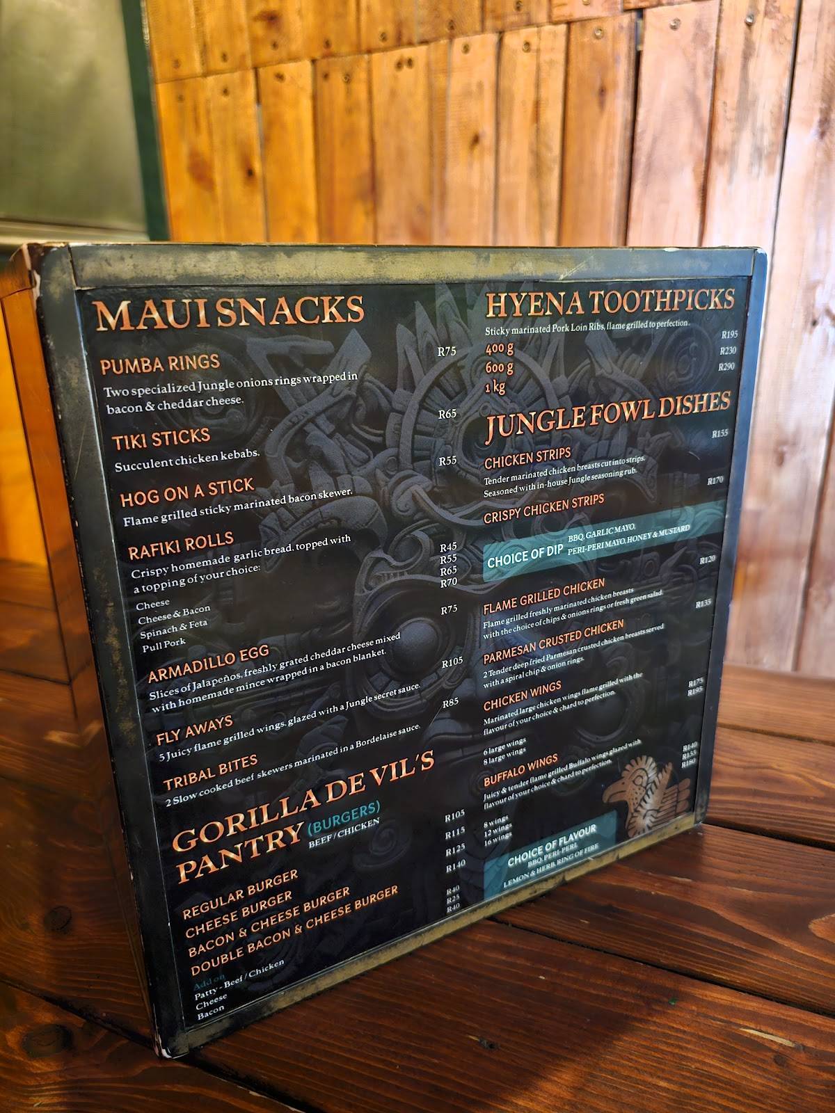 Menu at Jungle restaurant, Johannesburg