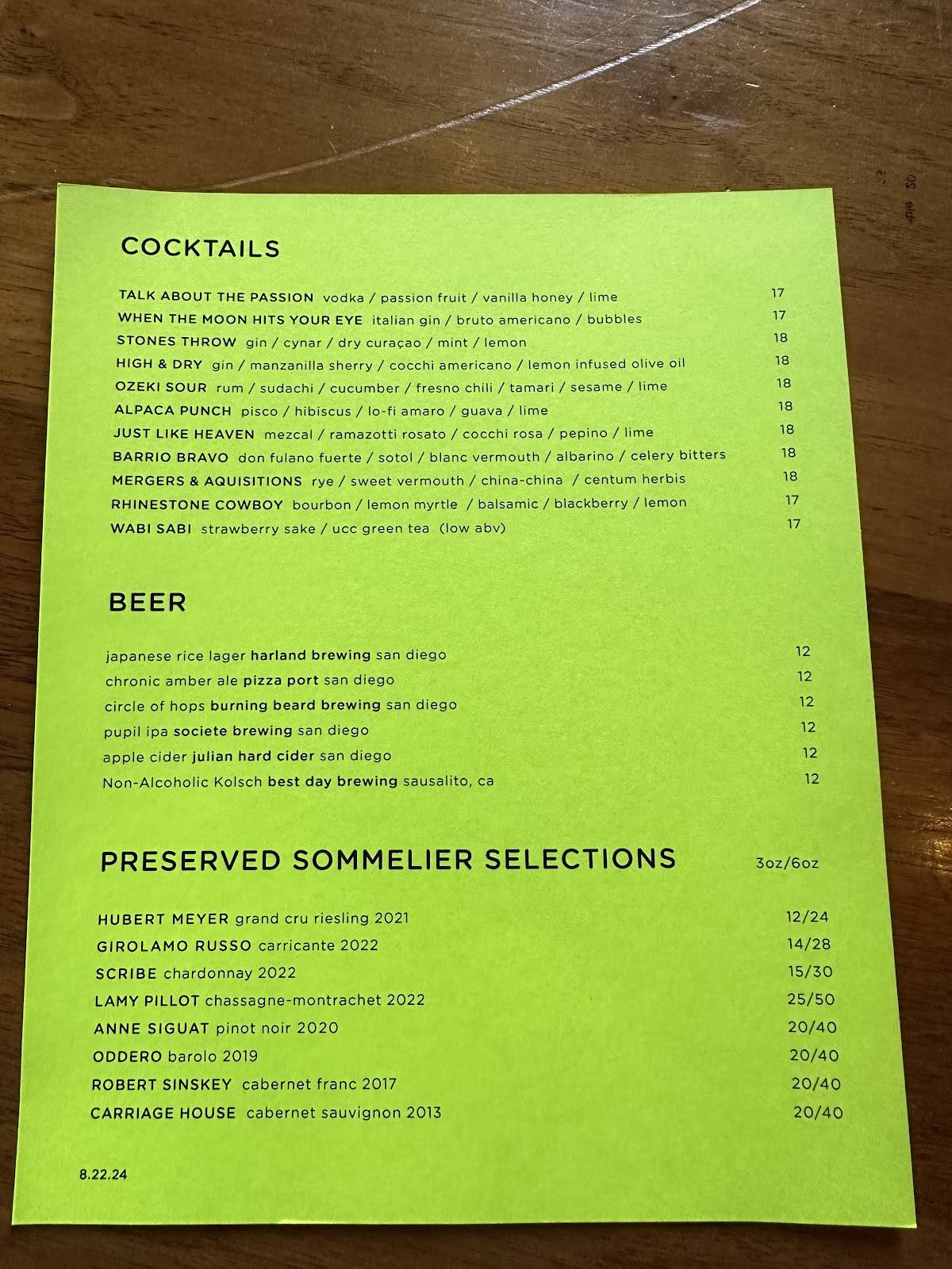 Menu at Juniper and Ivy pub & bar, San Diego