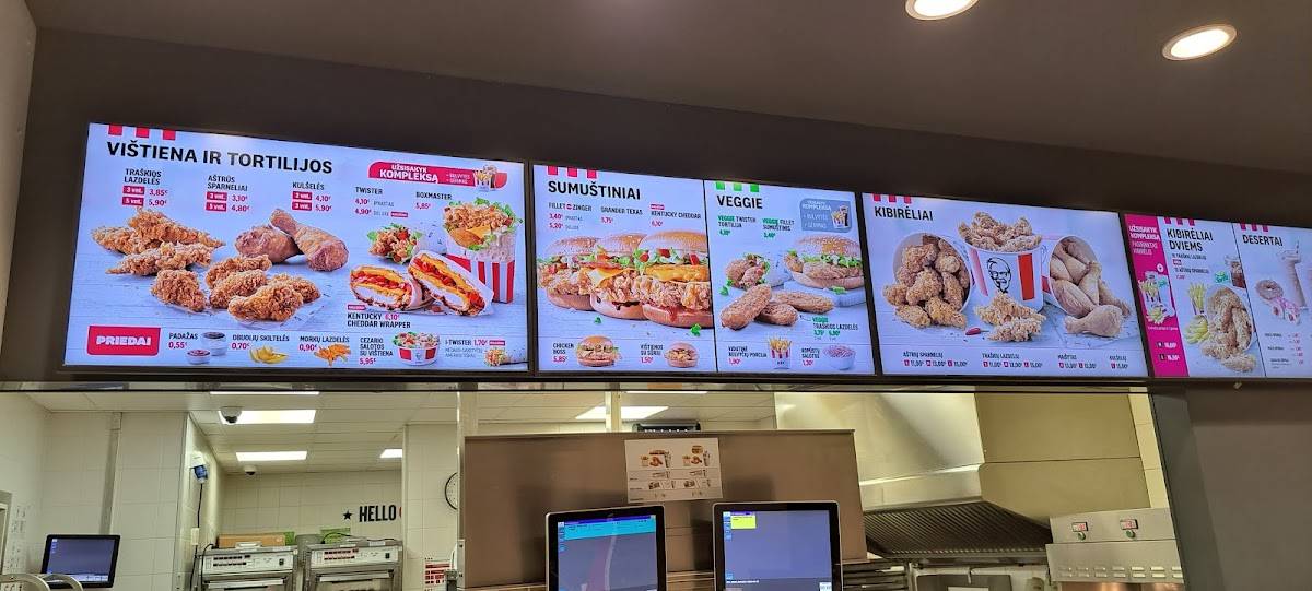 Menu at KFC restaurant, Vilnius, Gedimino pr. 5