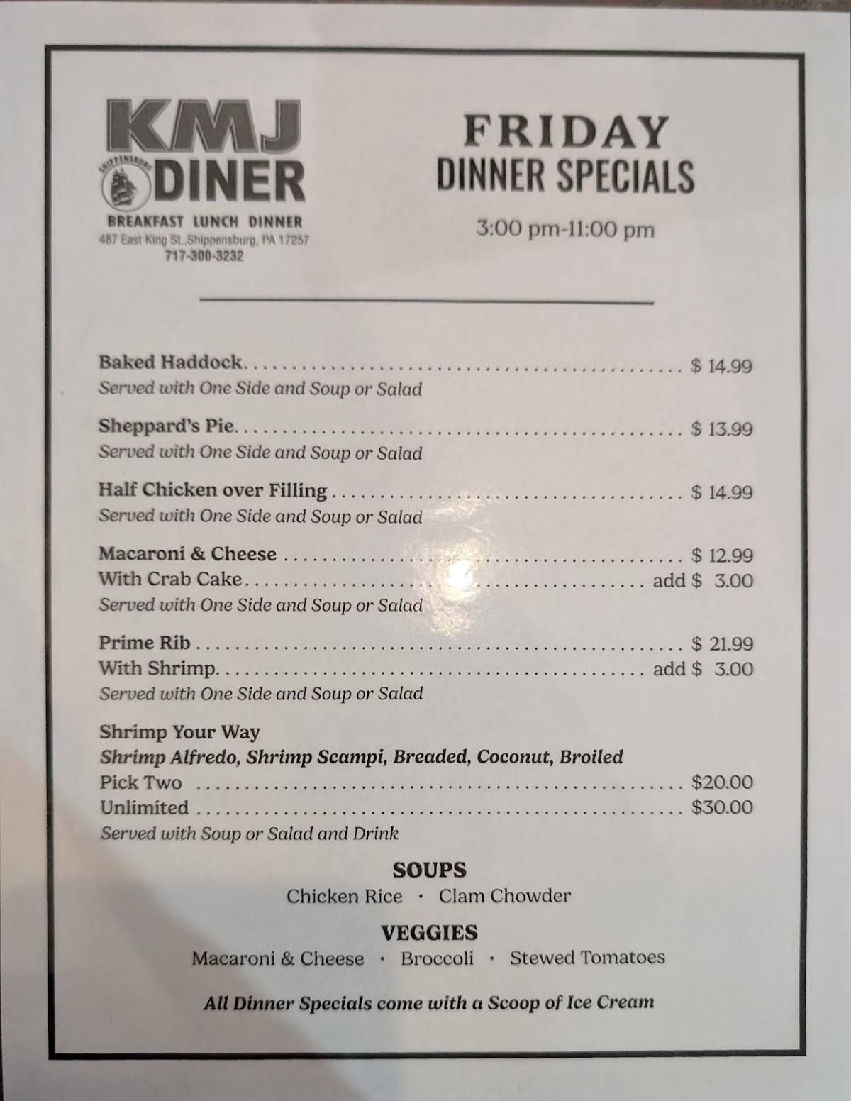 Menu at KMJ diner restaurant, Shippensburg