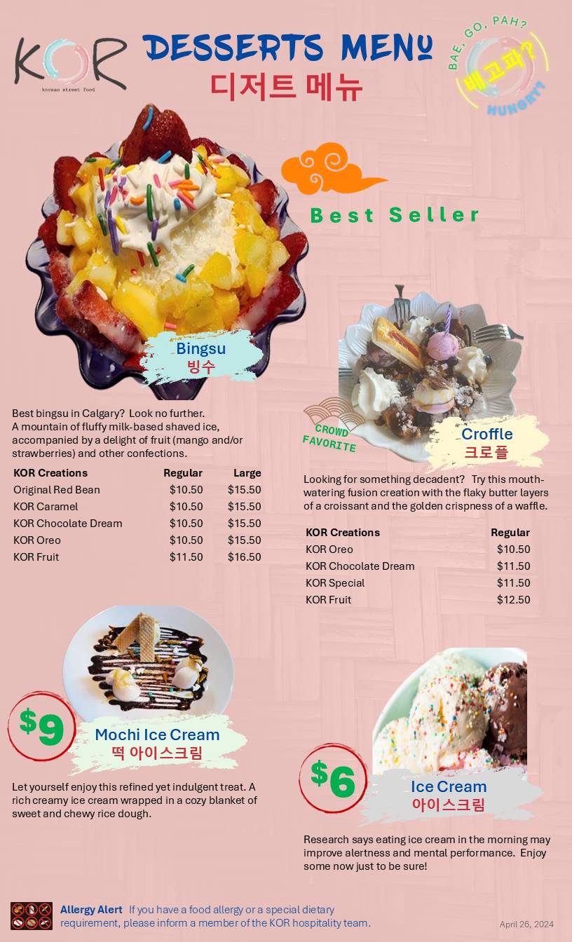 Menu at KOR Korean Street Food restaurant, Calgary, 32 Ave NE
