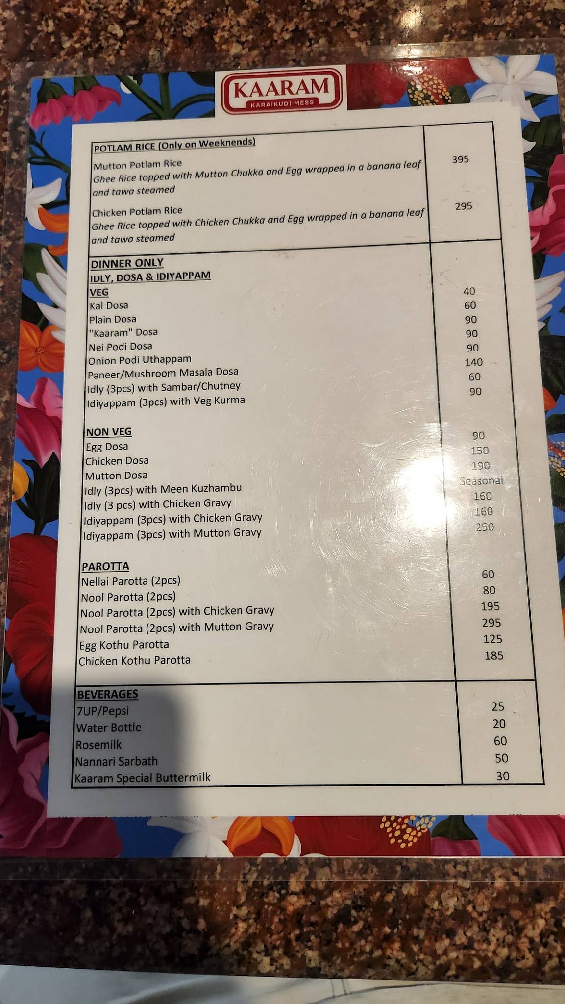 Menu at Kaaram Karaikudi Mess, Chennai