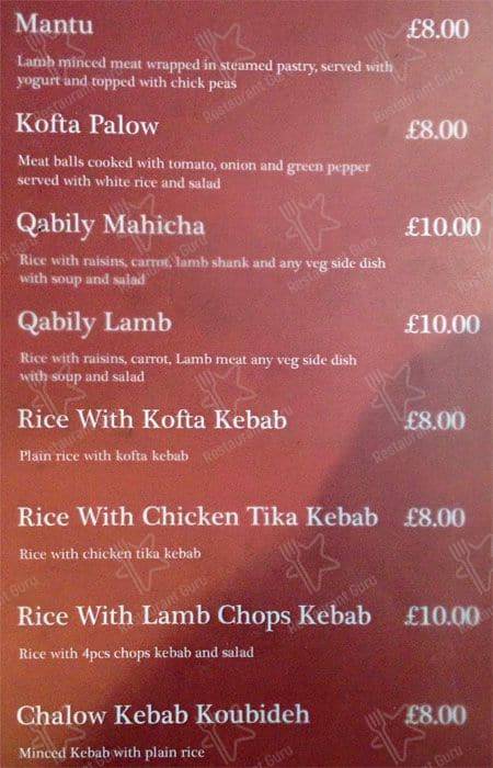 Menu at Kabul Kebab Restaurant, London, 145 W Hendon Broadway