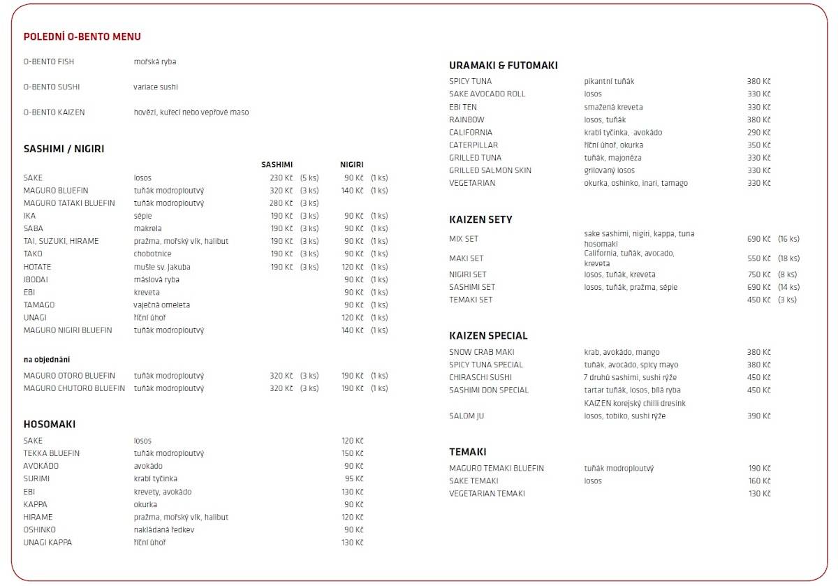 Menu at Kaizen sushi restaurant, Brno