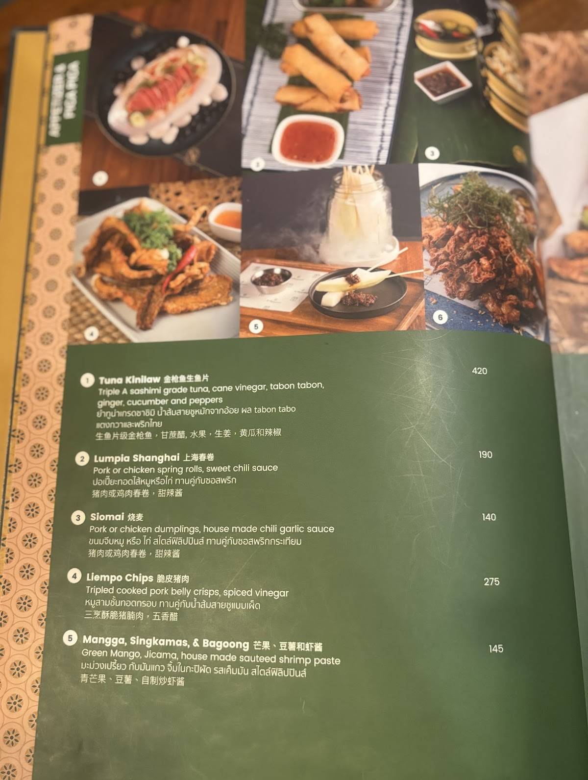 Menu at Kalamansi kafe restaurant, Bangkok