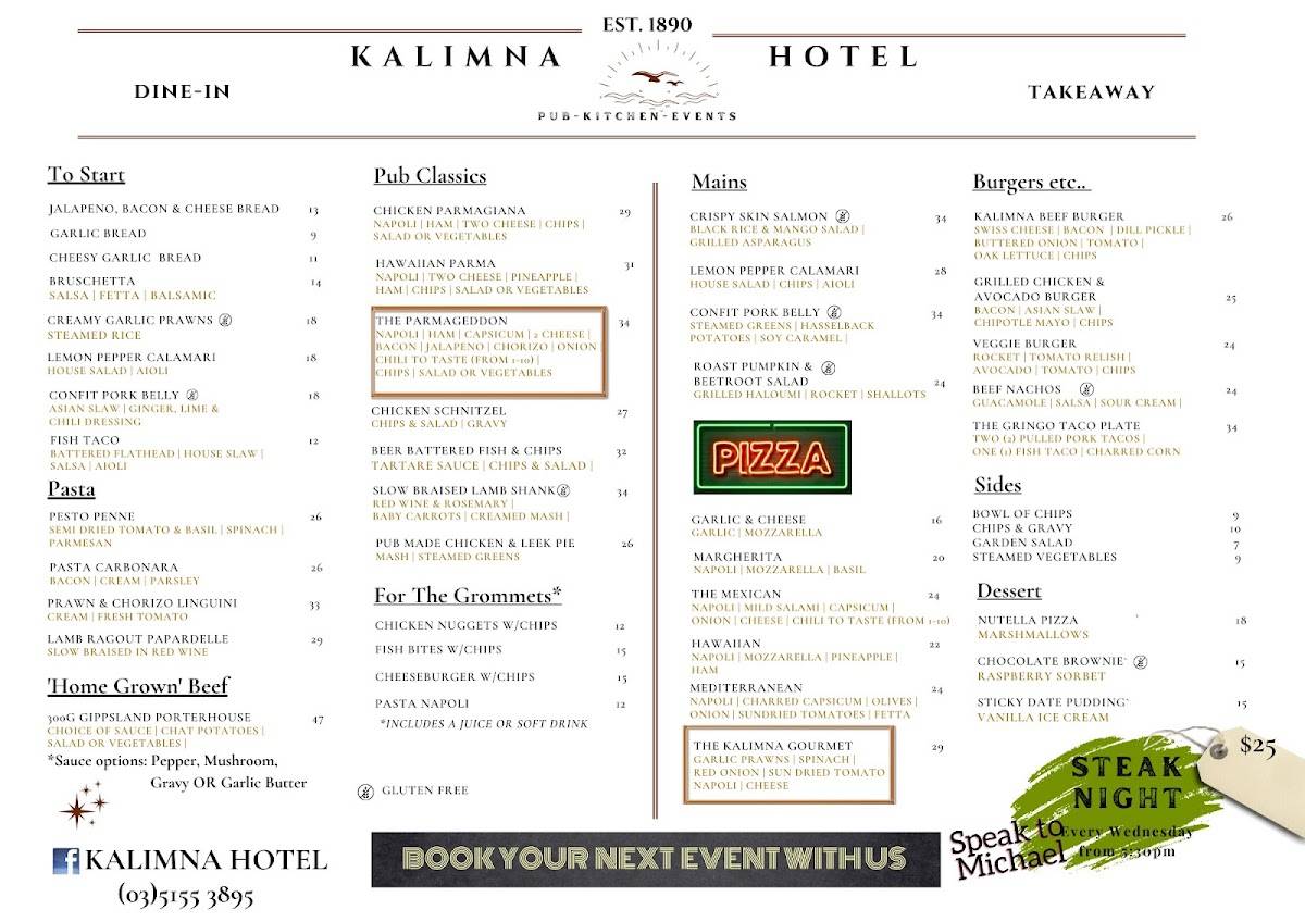 Menu at Kalimna Hotel restaurant, Kalimna, 1 Hotel Rd