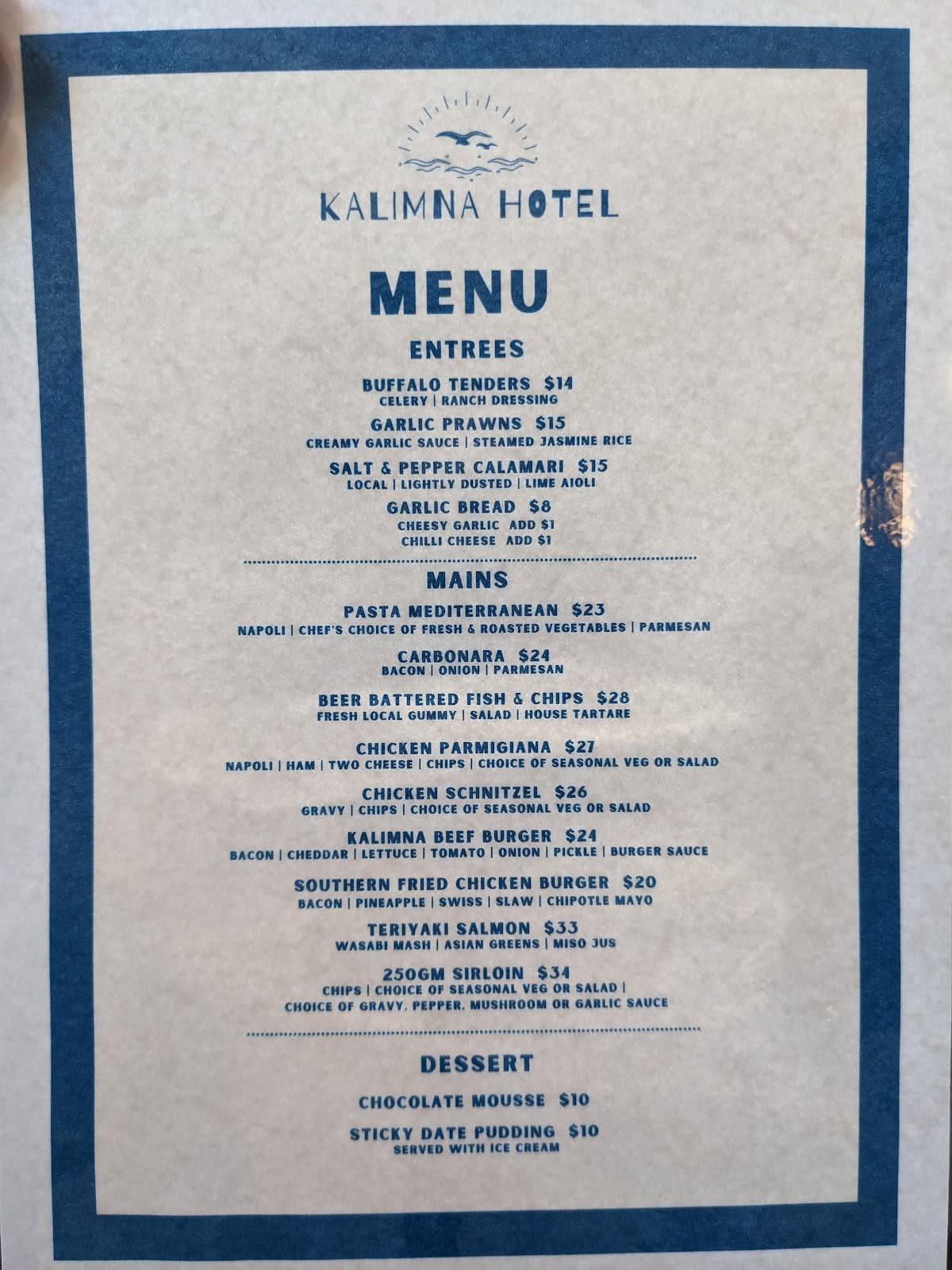 Menu at Kalimna Hotel restaurant, Kalimna, 1 Hotel Rd