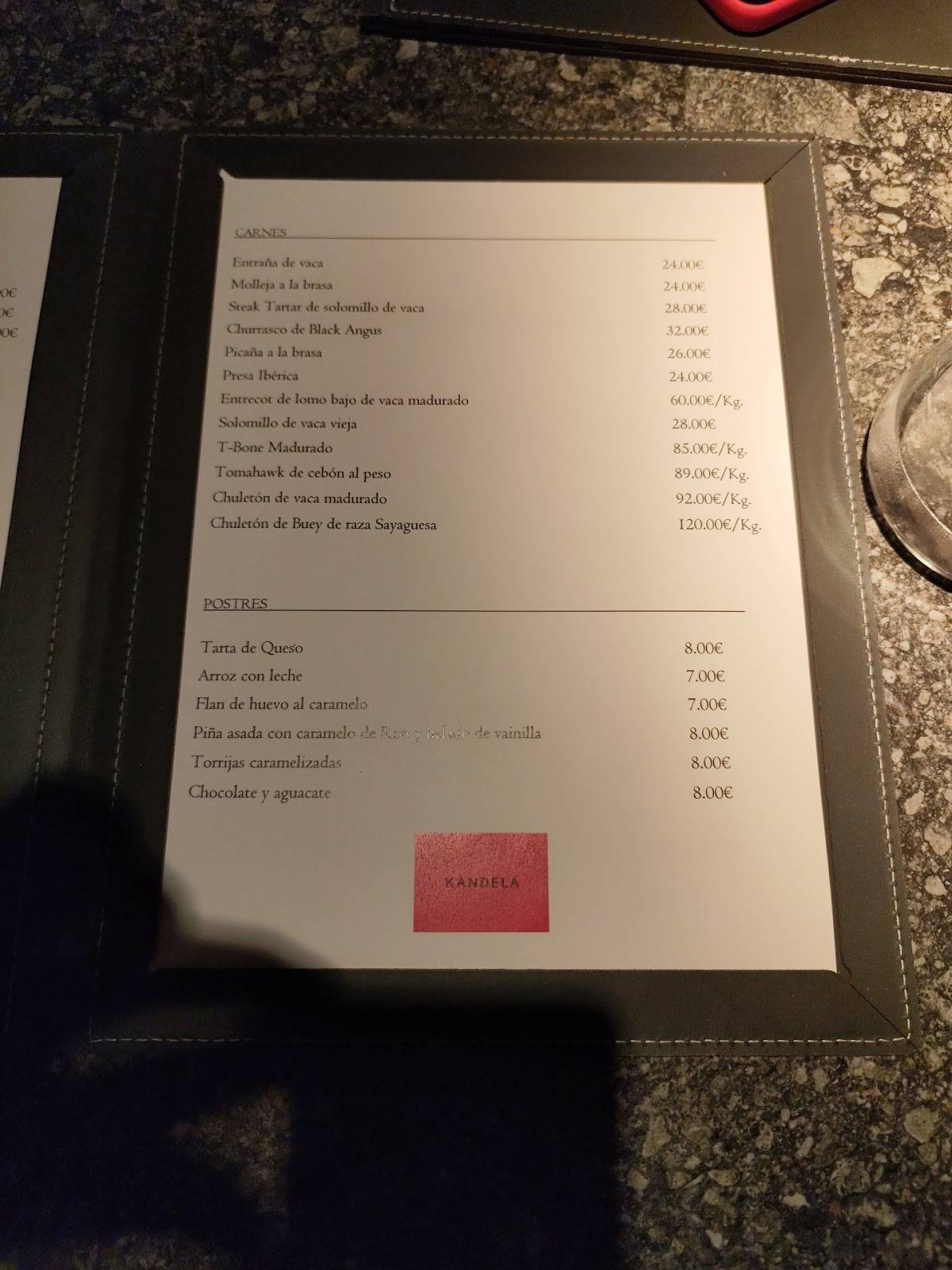 Carta de Kandela Restaurante, Santander