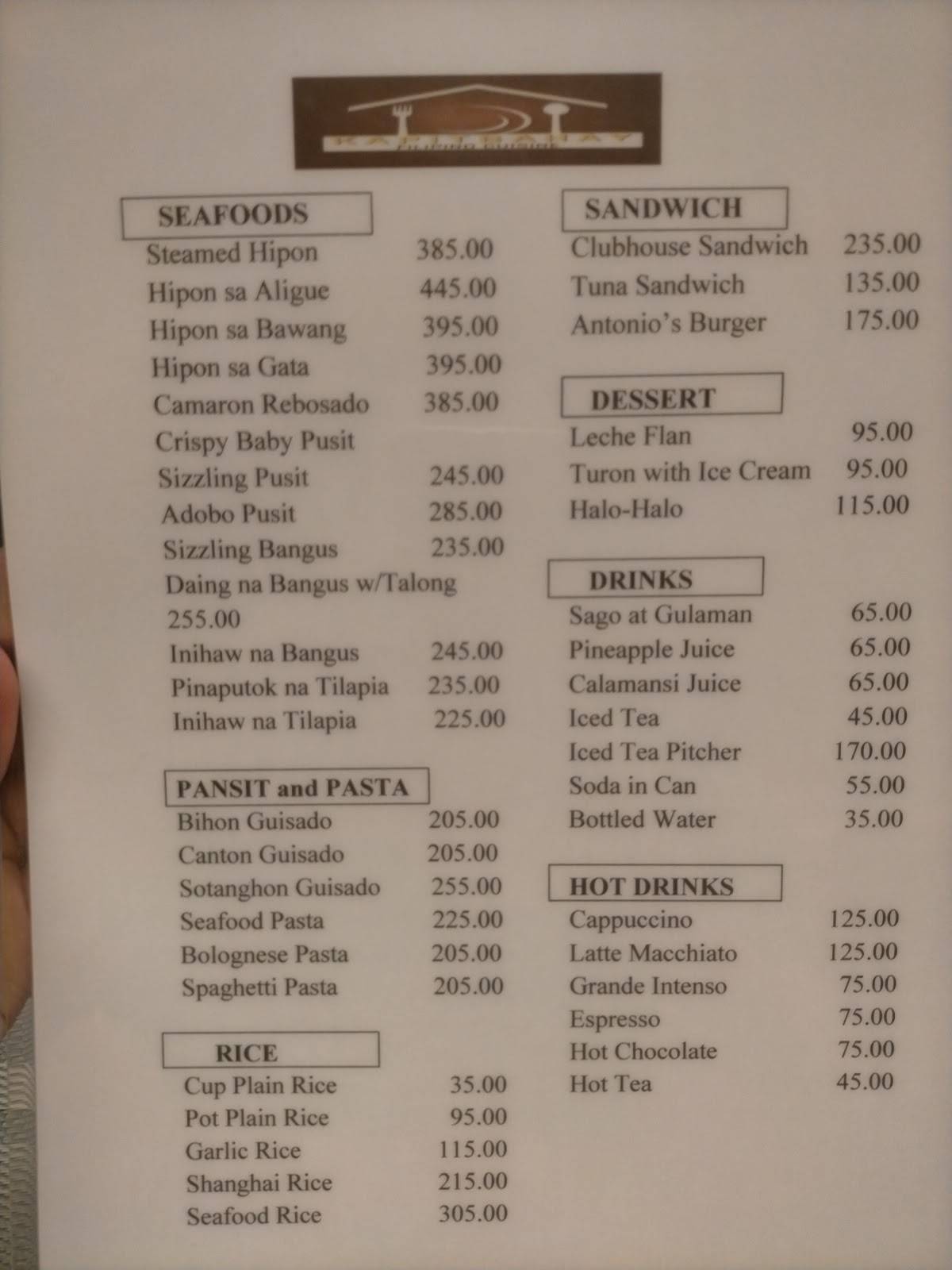 Menu at Kapitbahay Filipino Cuisine restaurant, Antipolo, Palm Square