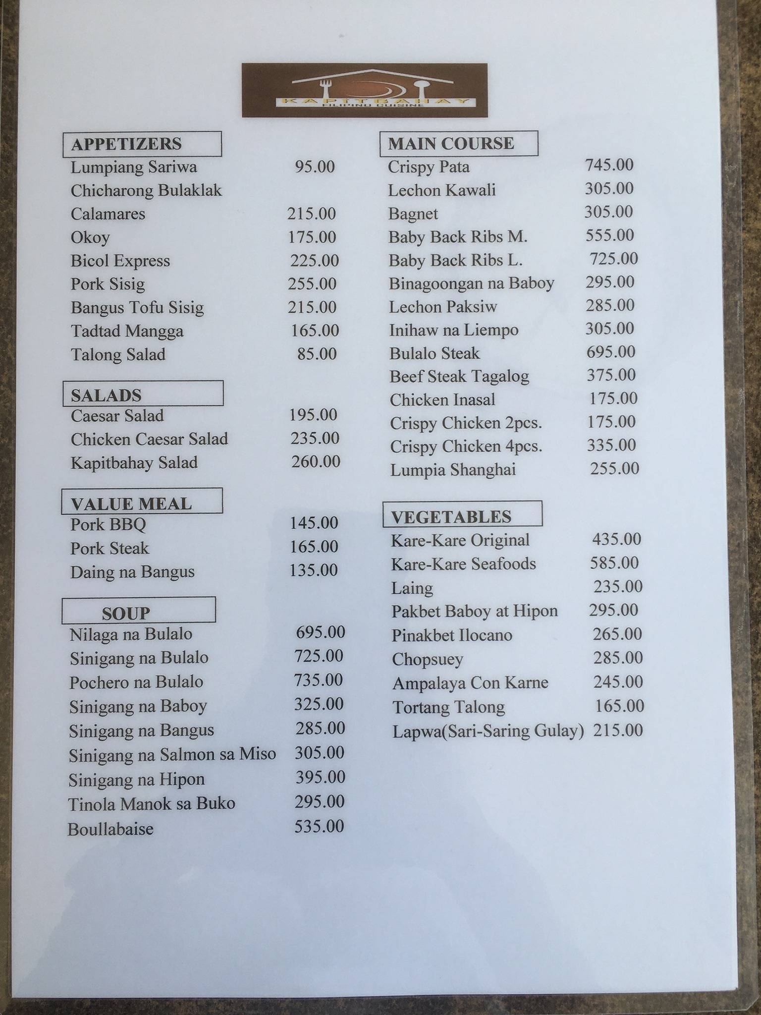 Menu at Kapitbahay Filipino Cuisine restaurant, Antipolo, Palm Square