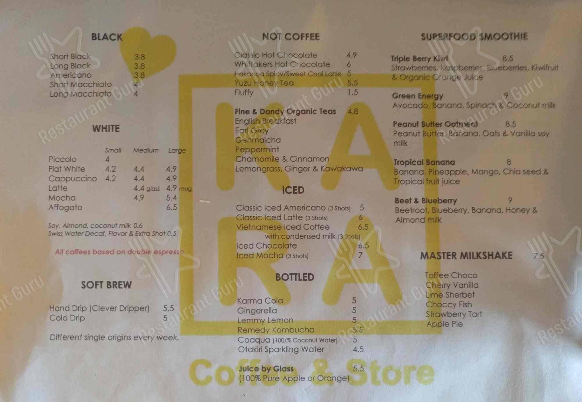 Menu at KARA CAFE, Auckland