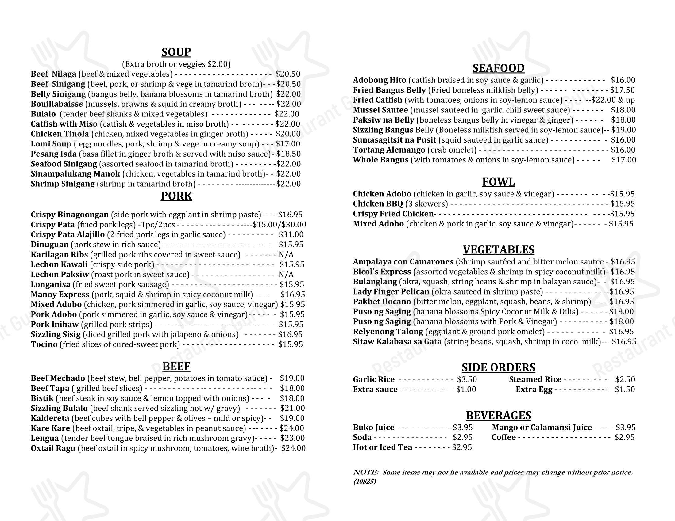 Menu at Karilagan restaurant, South San Francisco