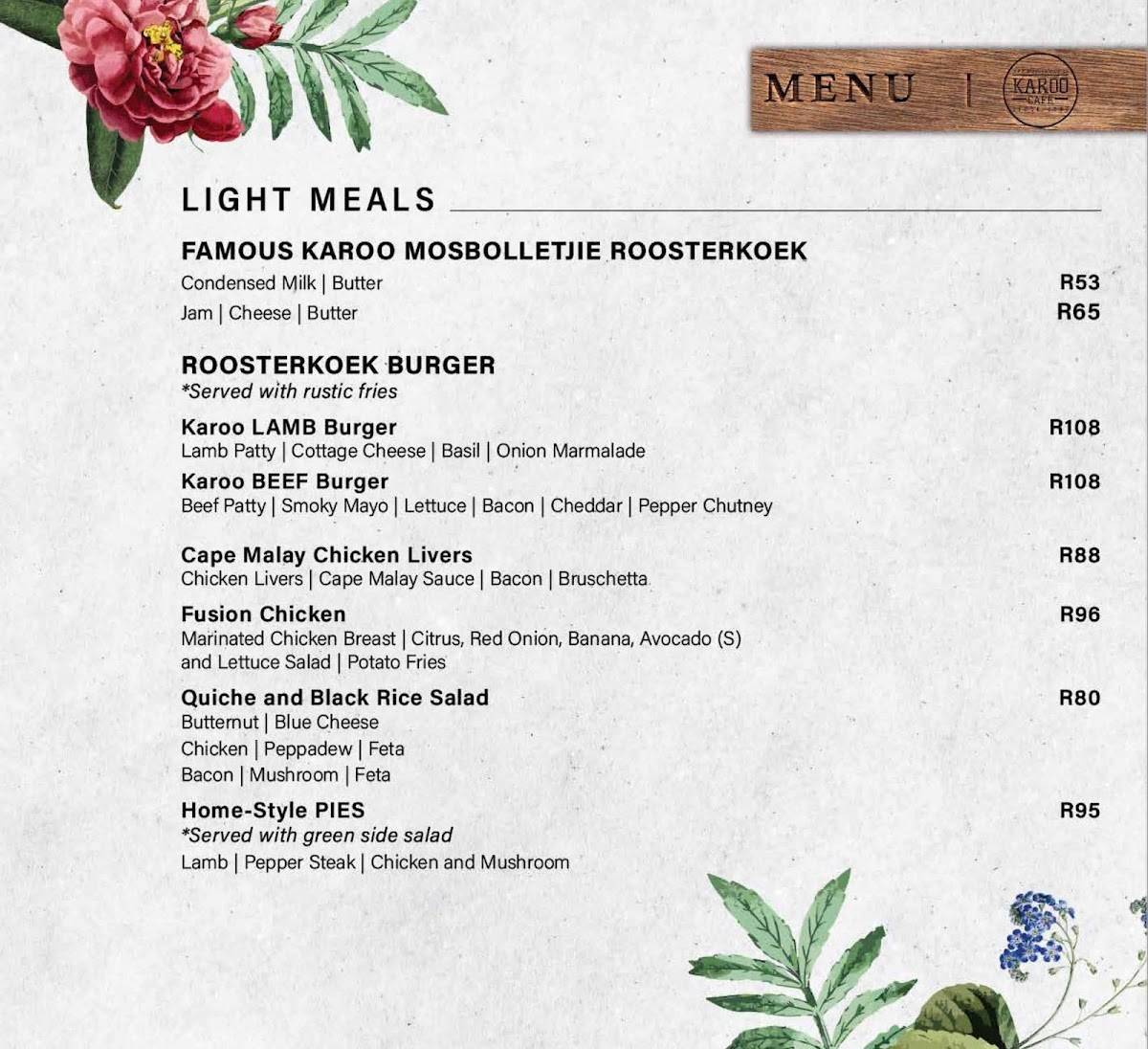 Menu at Karoo Cafe, Pretoria, 141 Lynnwood Rd