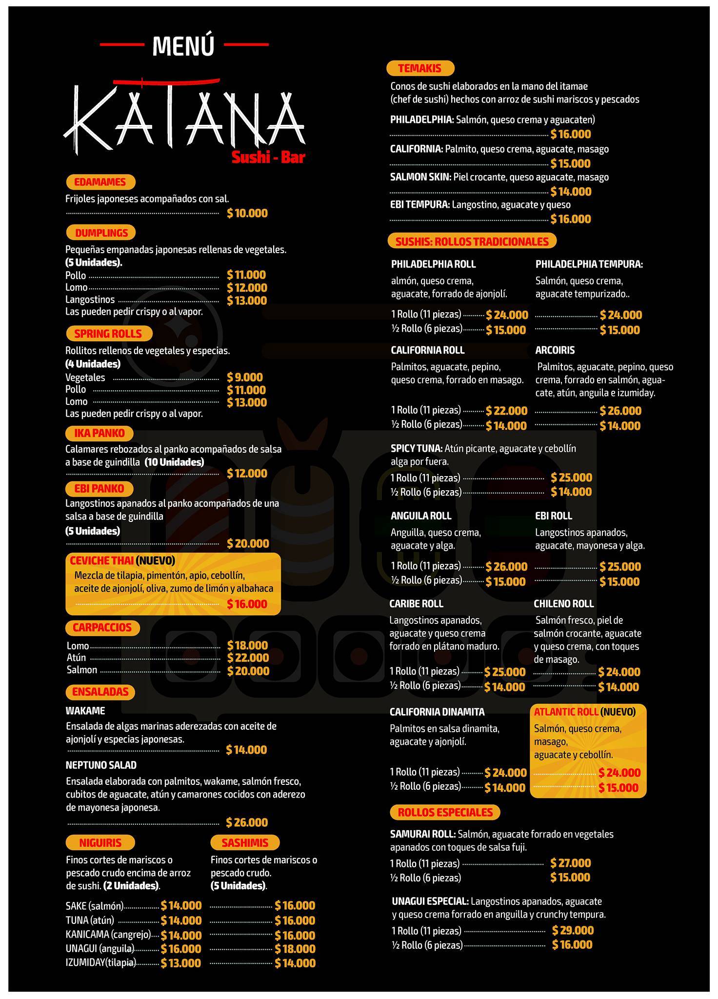 Menu em katana sushi bar, Goiânia