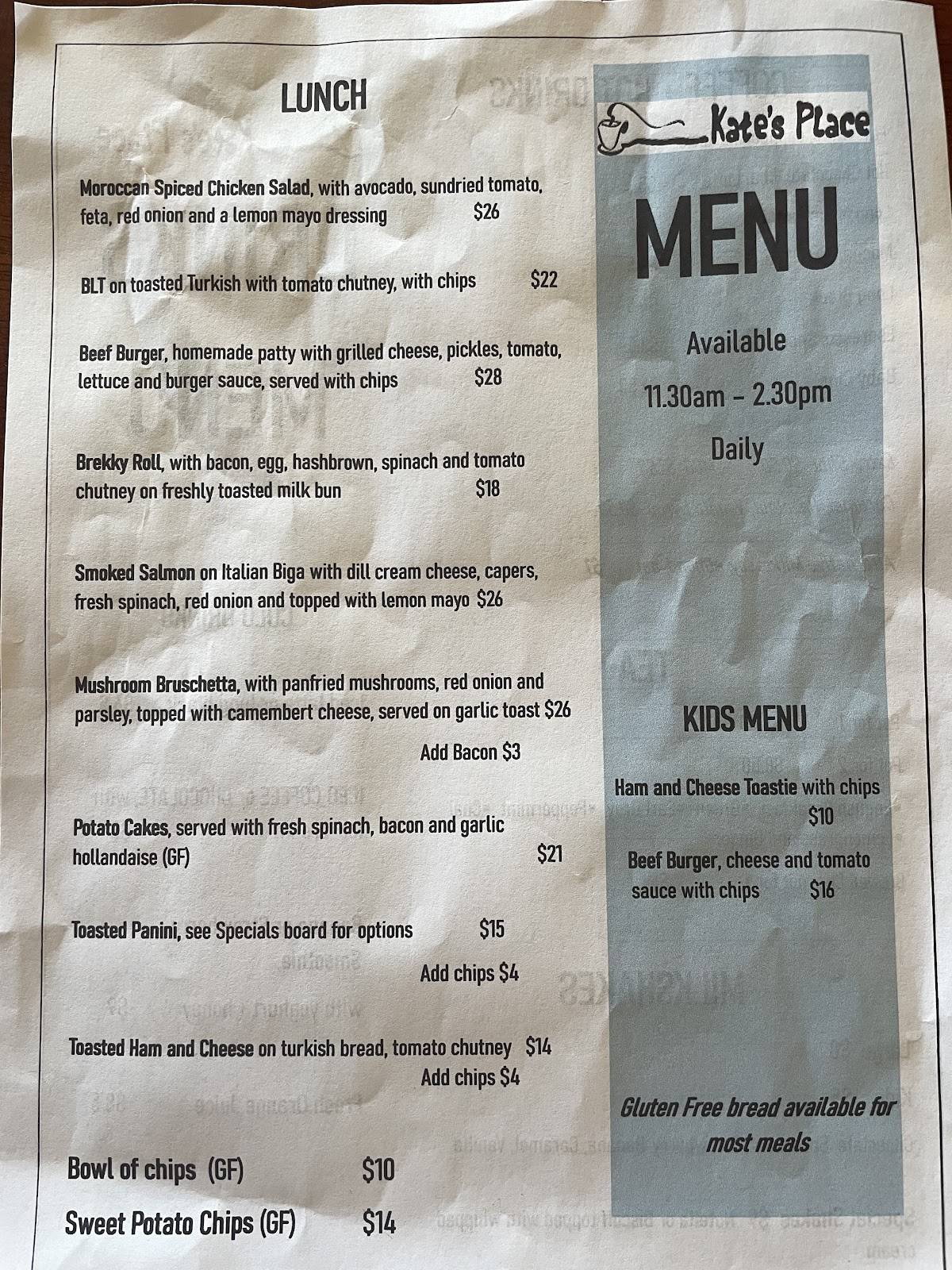 Menu at Kate's Place restaurant, Albany