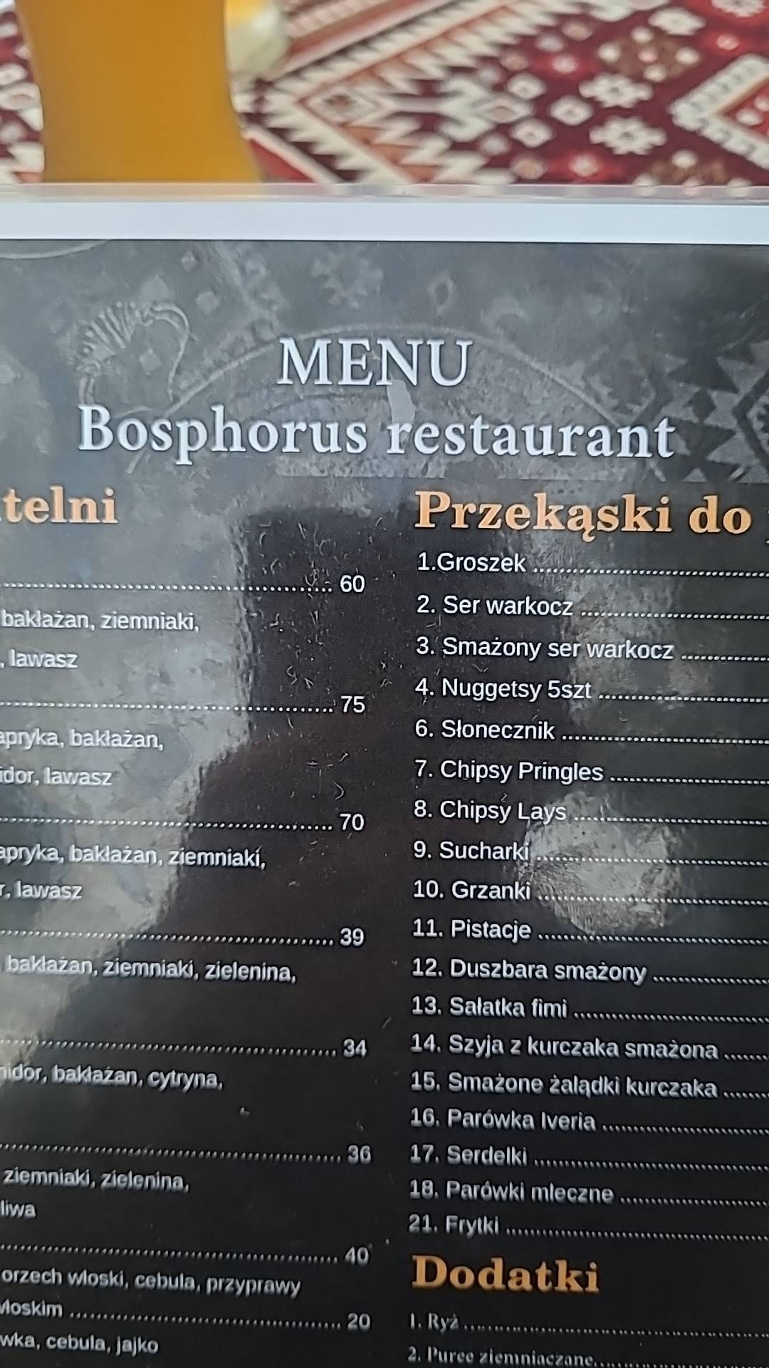Menu at Bosphorus restaurant, Katowice