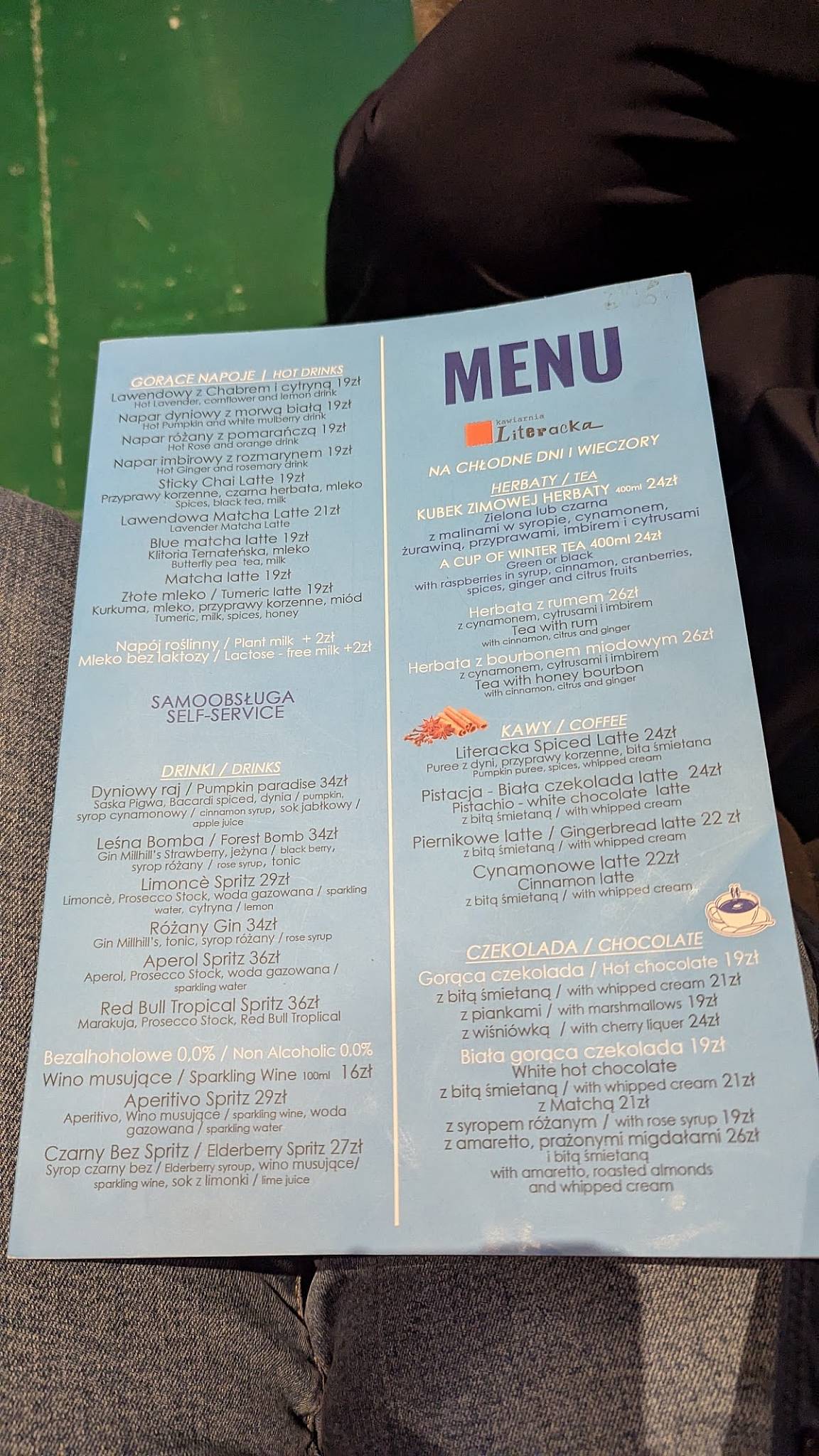 Menu at Kawiarnia Literacka cafe, Kraków