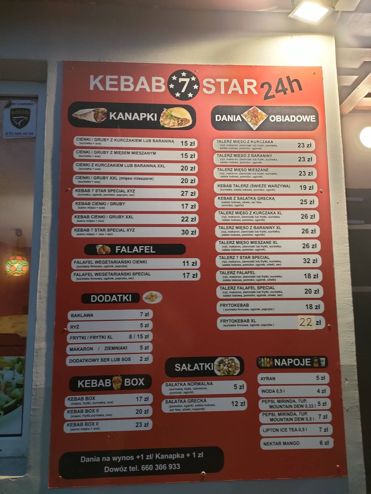 Carta del pub y bar Kebab 7 Star, Tarczyn