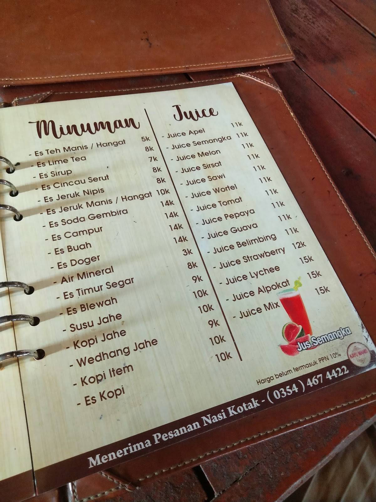 Menu at Kayu Manis restaurant, Kediri