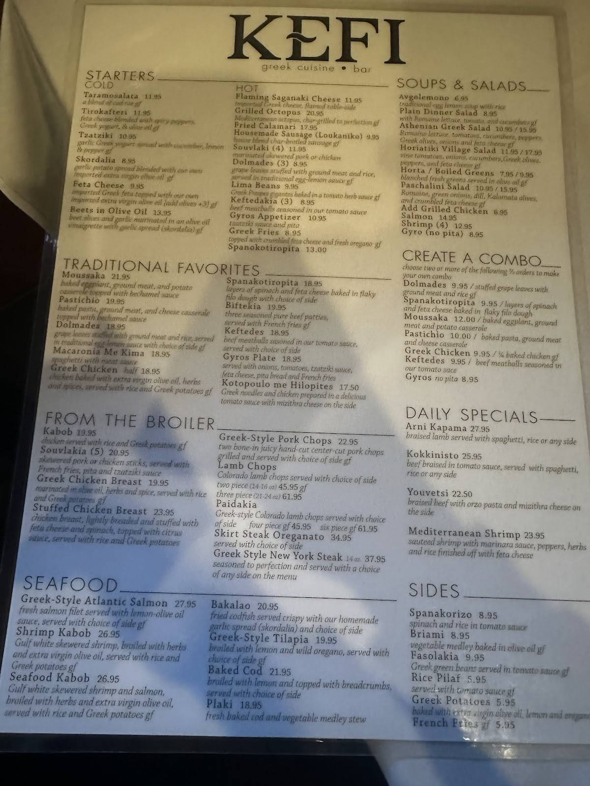 Menu at Kefi Greek Cuisine + Bar, Palos Heights