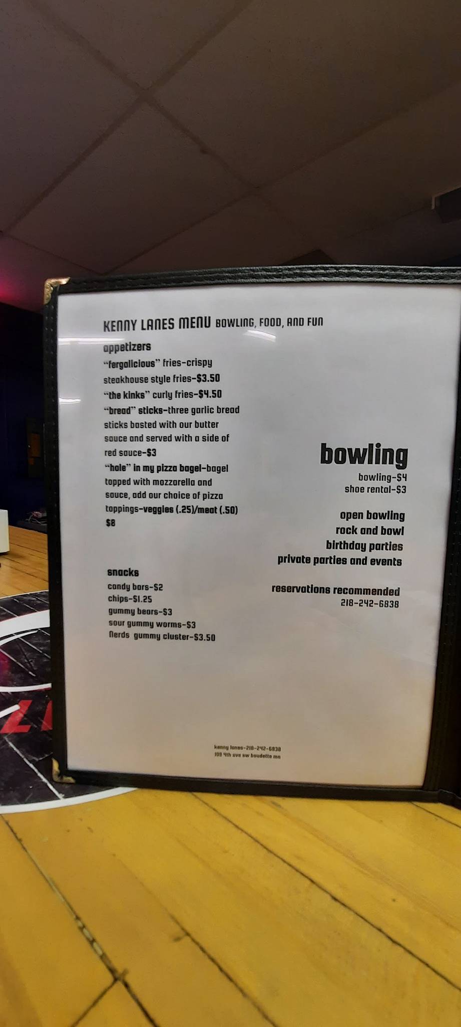 Menu at Kenny Lanes restaurant, Baudette