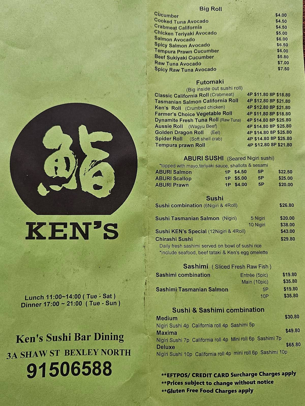 Menu at Ken's Sushi Bar Dining, Bexley North
