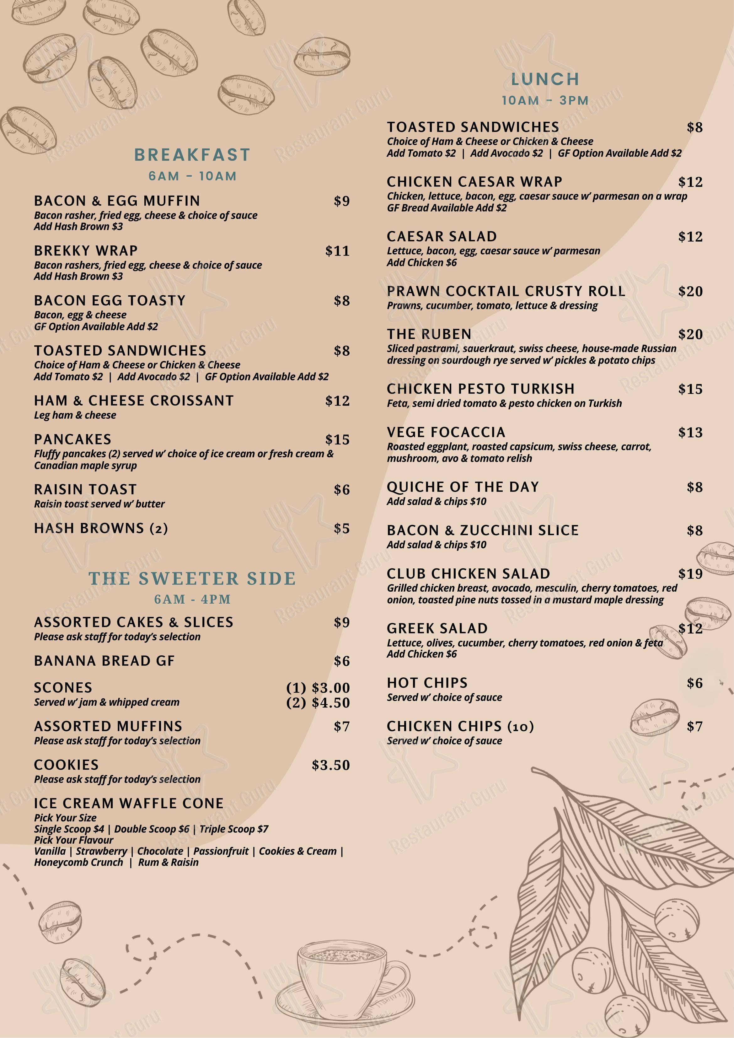 Menu at Keppel Bay Sailing Club, Yeppoon