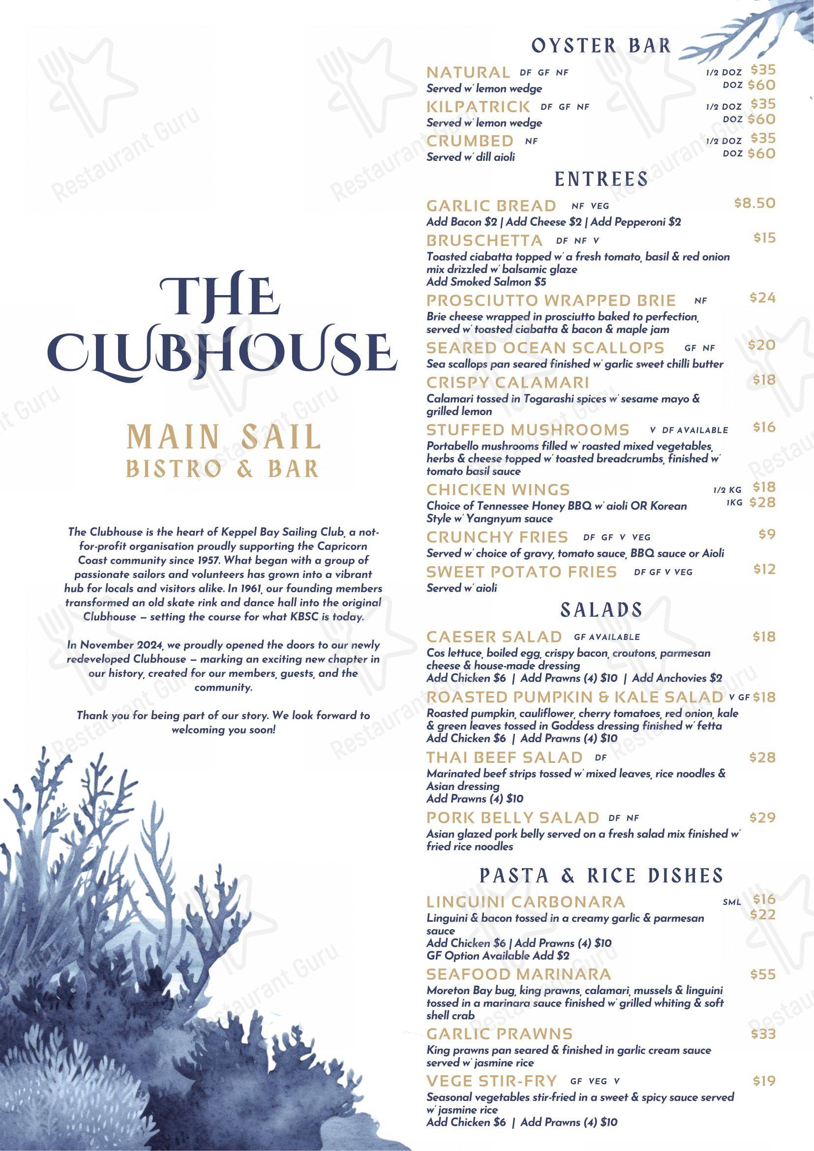 Menu at Keppel Bay Sailing Club, Yeppoon
