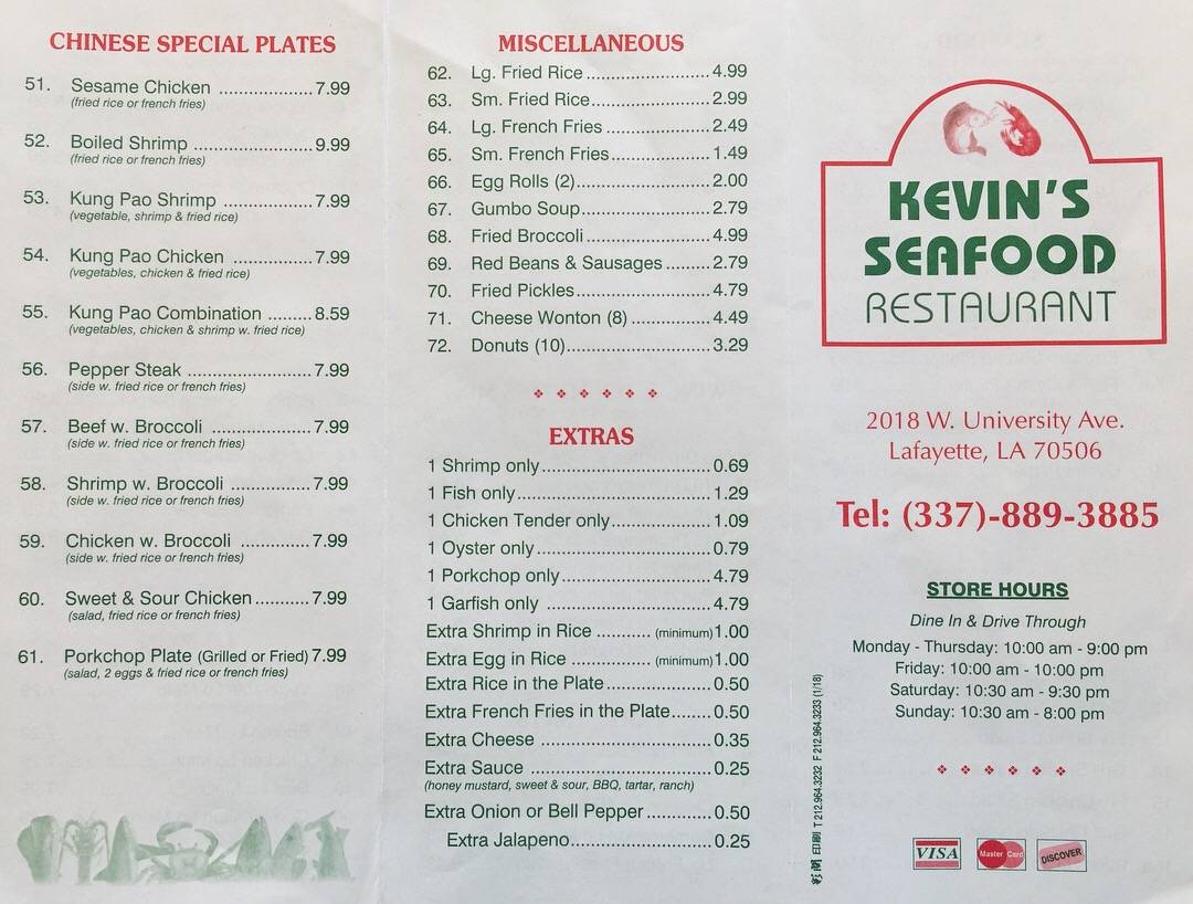 Menu at Kevin's Seafood restaurant, Lafayette